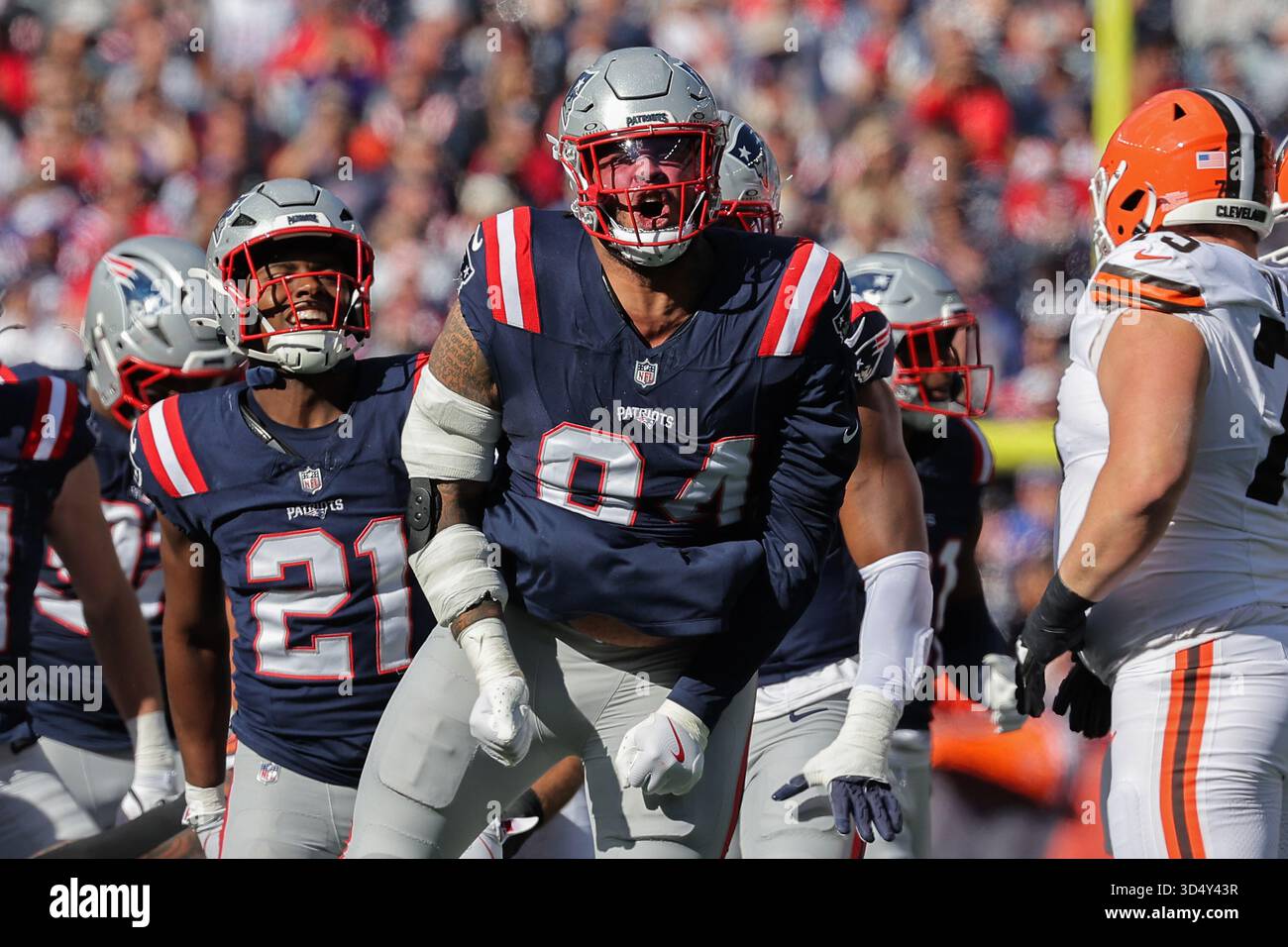 New England Patriots defensive tackle Cory Durden celebrates a sack ...