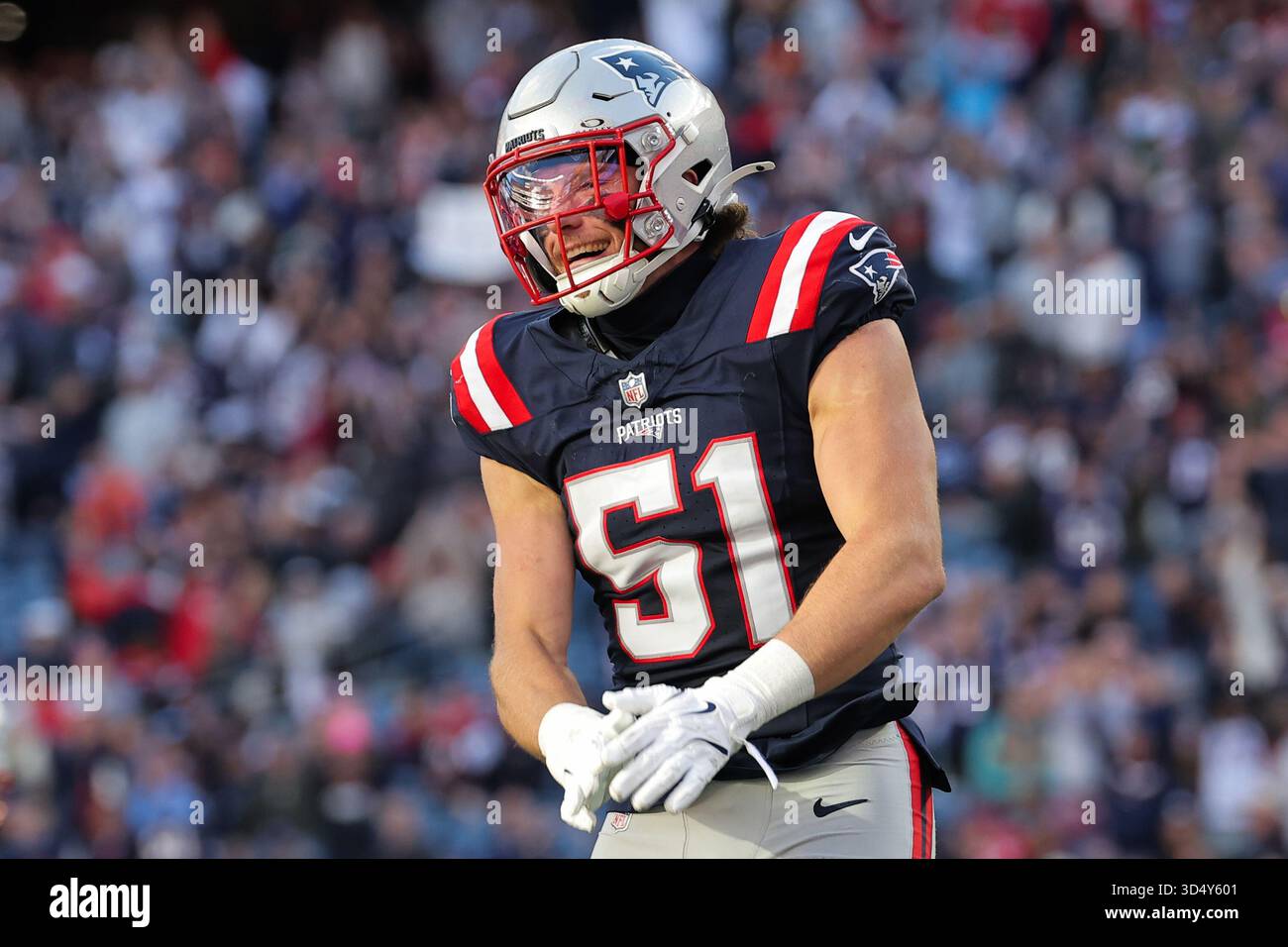 New England Patriots' Jack Gibbens celebrates against the Cleveland ...
