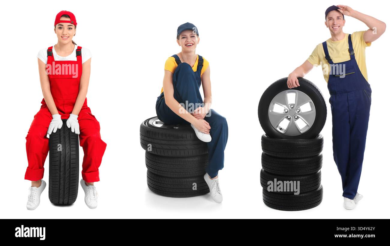 Tire service workers and wheels isolated on white, collage Stock Photo ...