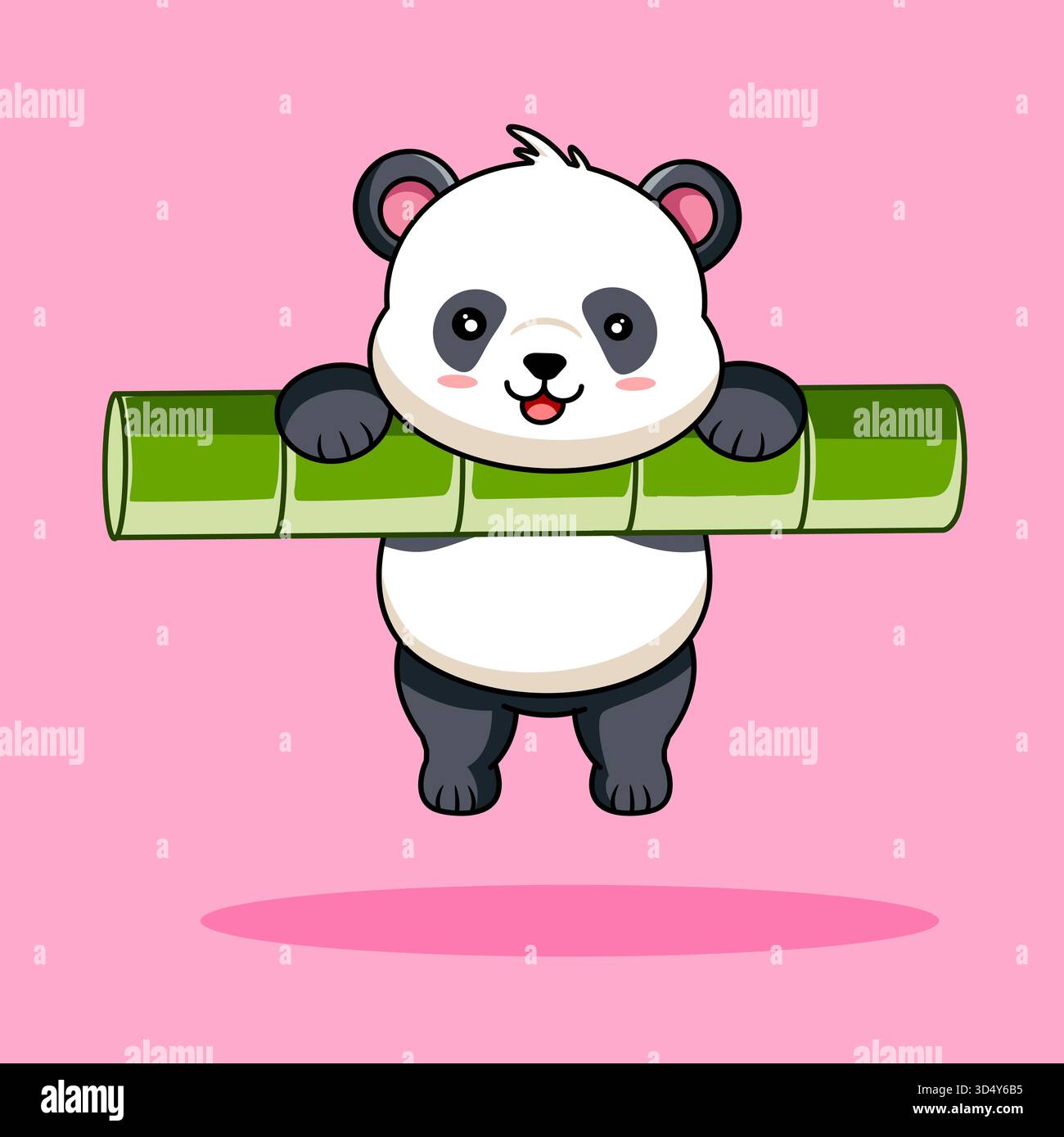 Cute Cartoon Panda Holding a Large Bamboo Stalk and Hanging Try To ...