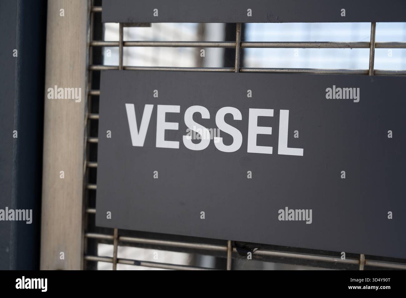Close-up of metal gate panel with white VESSEL lettering, San Francisco ...