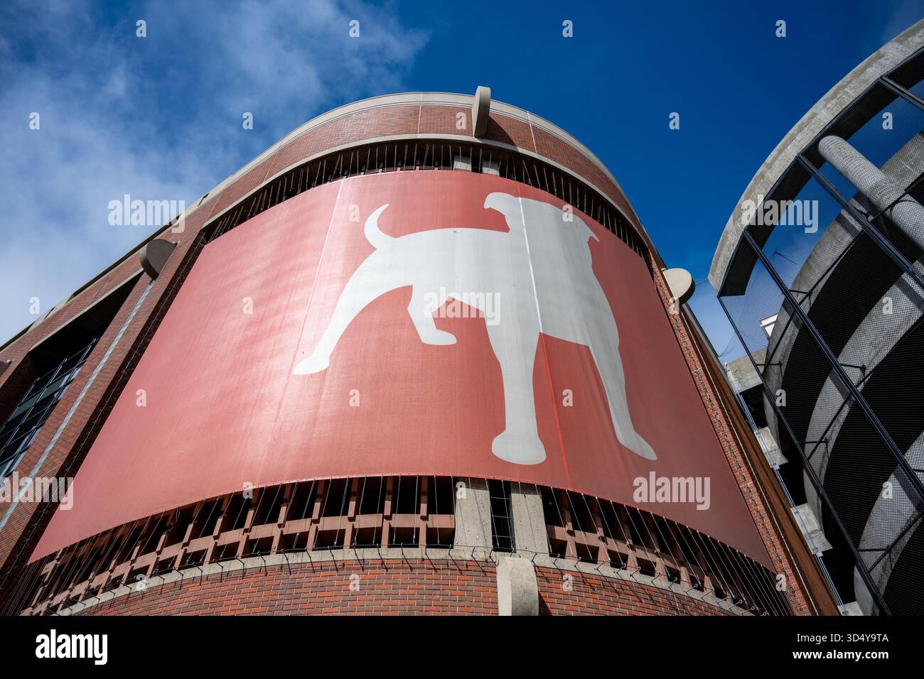 Large logo banner on facade at headquarters of gaming company Zynga, San Francisco, California ...