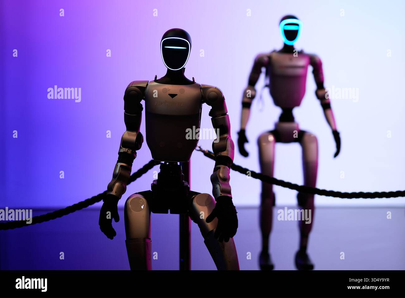 Robots on display at the stand of Unitree Robotics, at the Web Summit ...