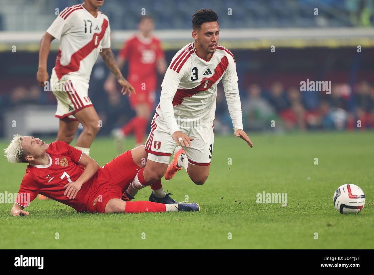 Russia's Aleksey Batrakov, left, tackles Peru's Erick Noriega during an ...