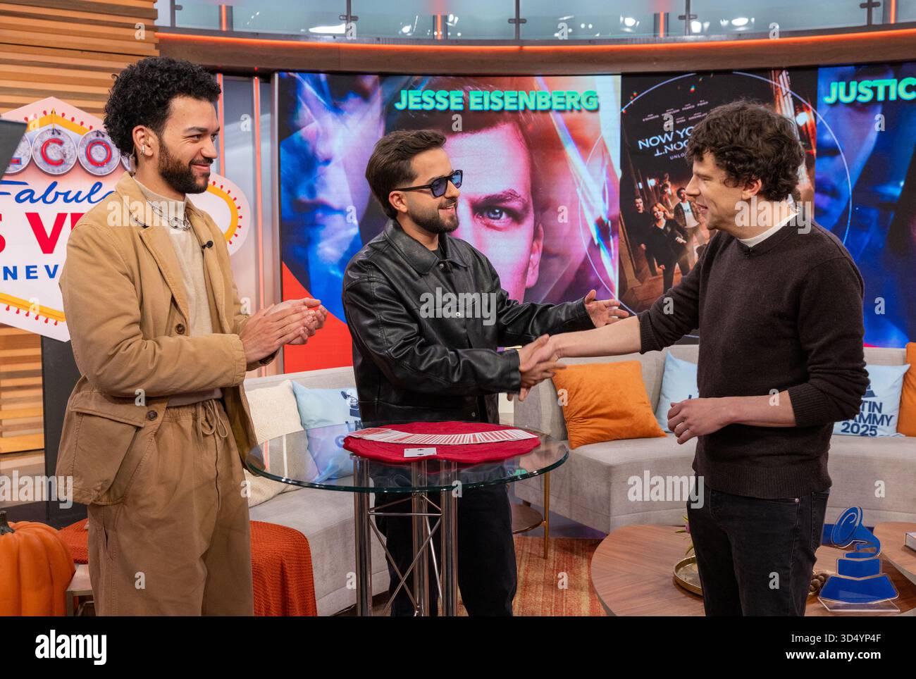 DORAL, FL - NOV 12: Justice Smith and Jesse Eisenberg are seen during ...