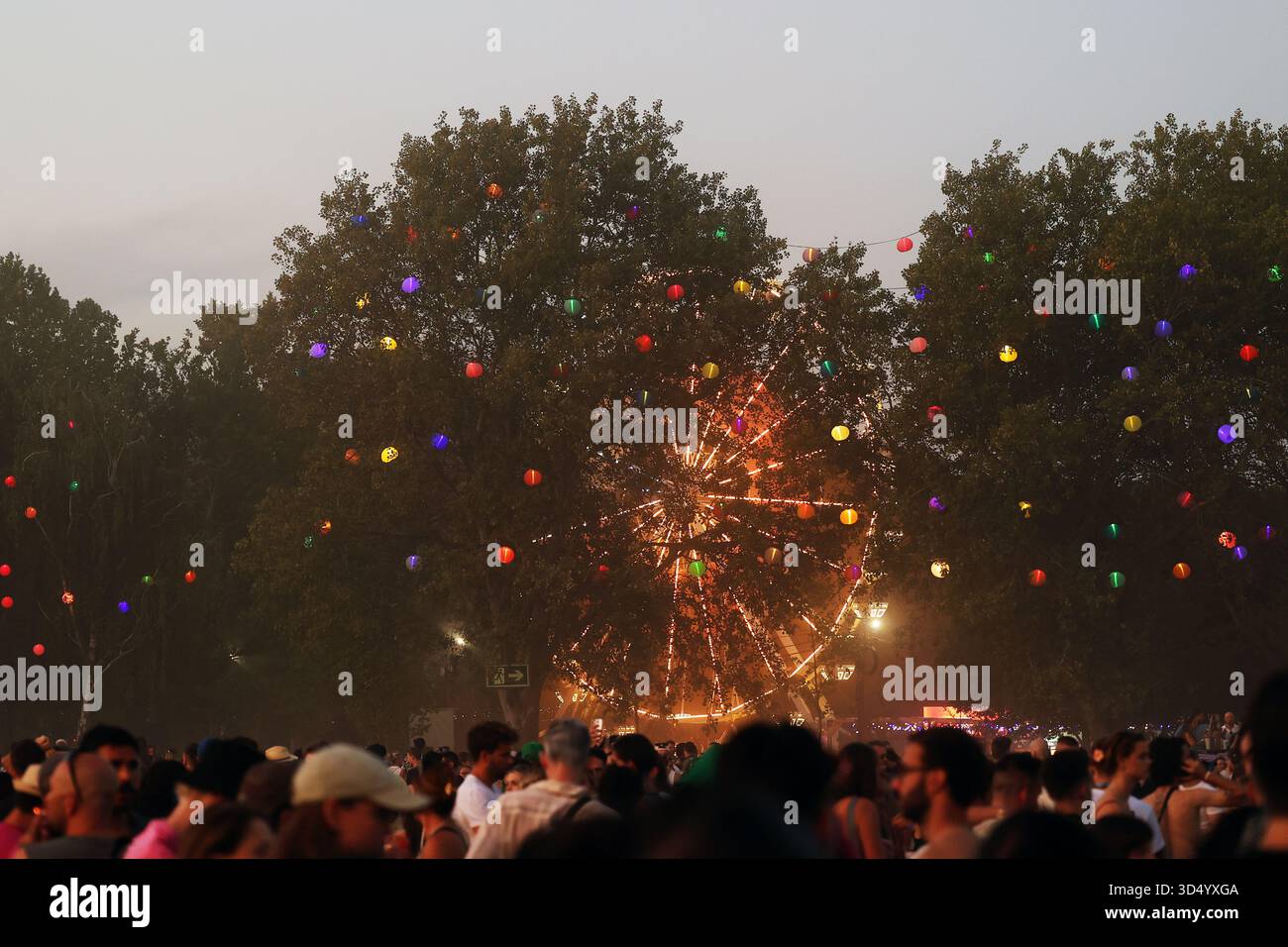 Crowd at Sziget Festival in Budapest, Hungary at sunset with ...