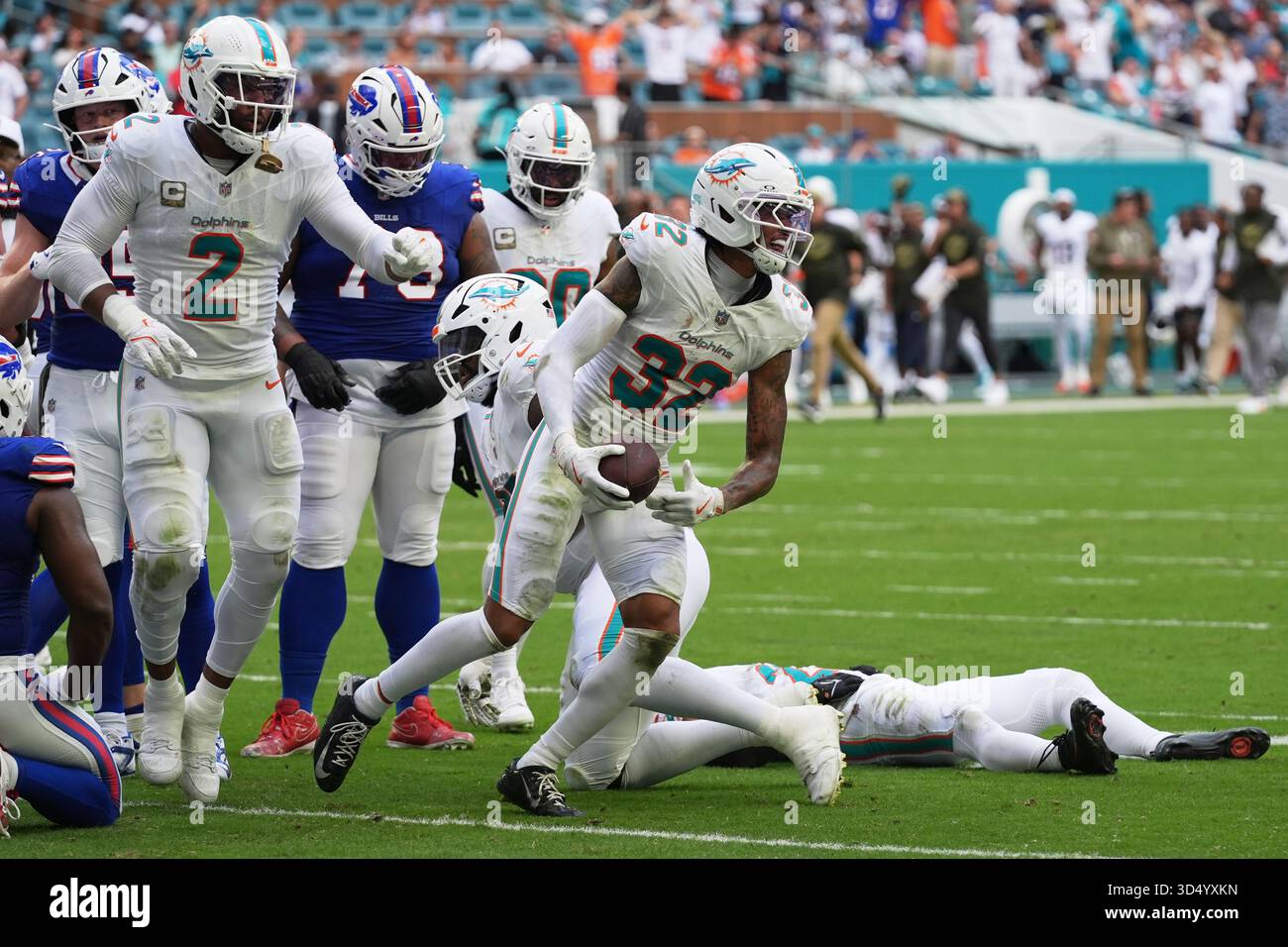 Miami Dolphins cornerback JuJu Brents (32) reacts after recovering a ...