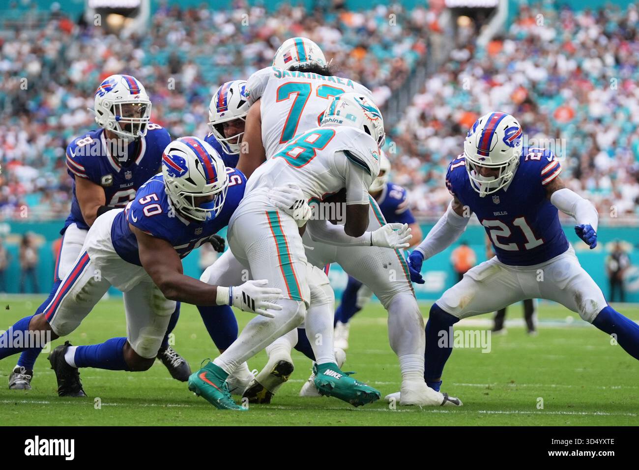 Buffalo Bills defensive end Greg Rousseau (50) and safety Jordan Poyer ...