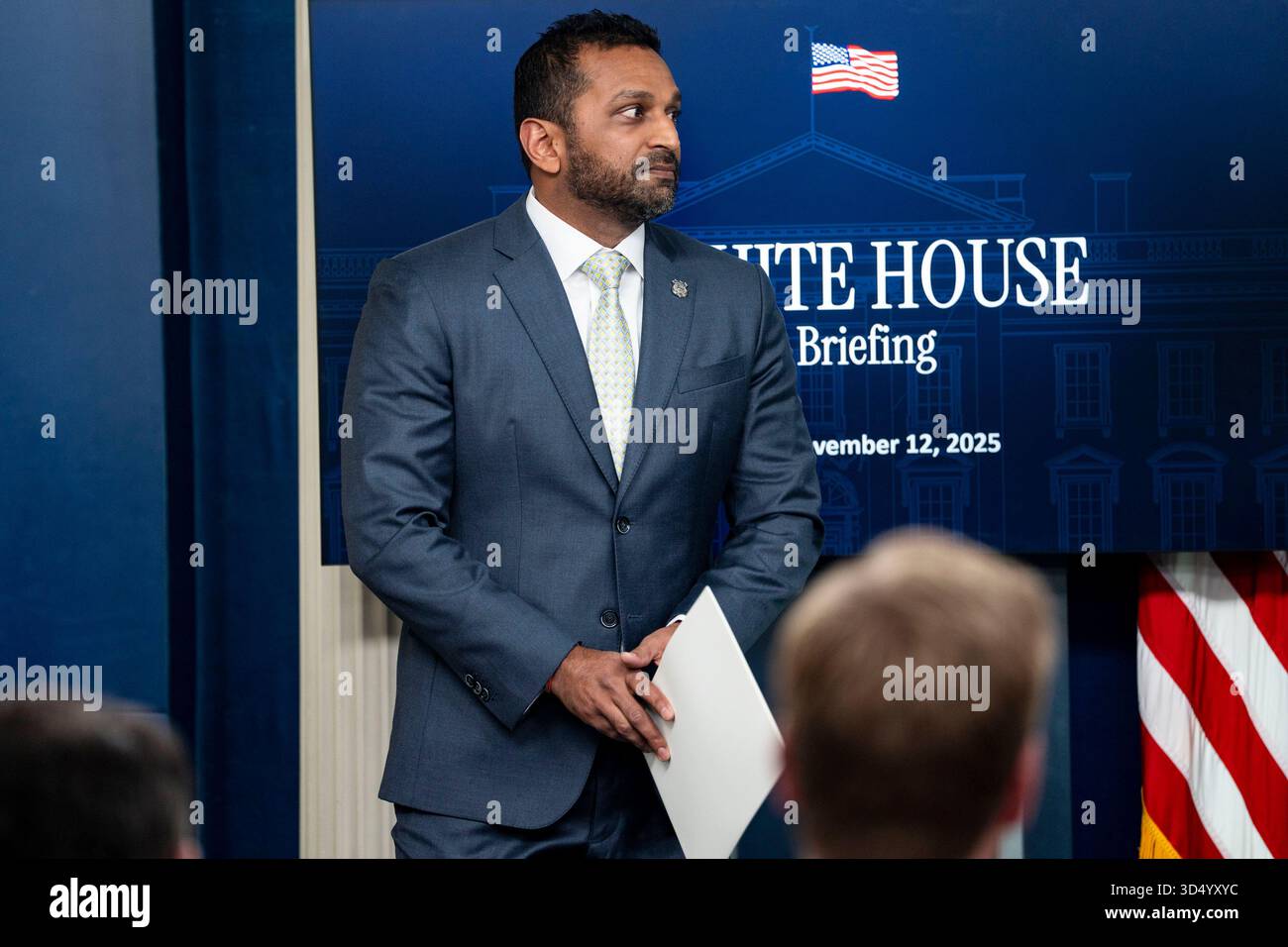 FBI Director Kash Patel looks on before speaking during a press briefing in the James S. Brady ...