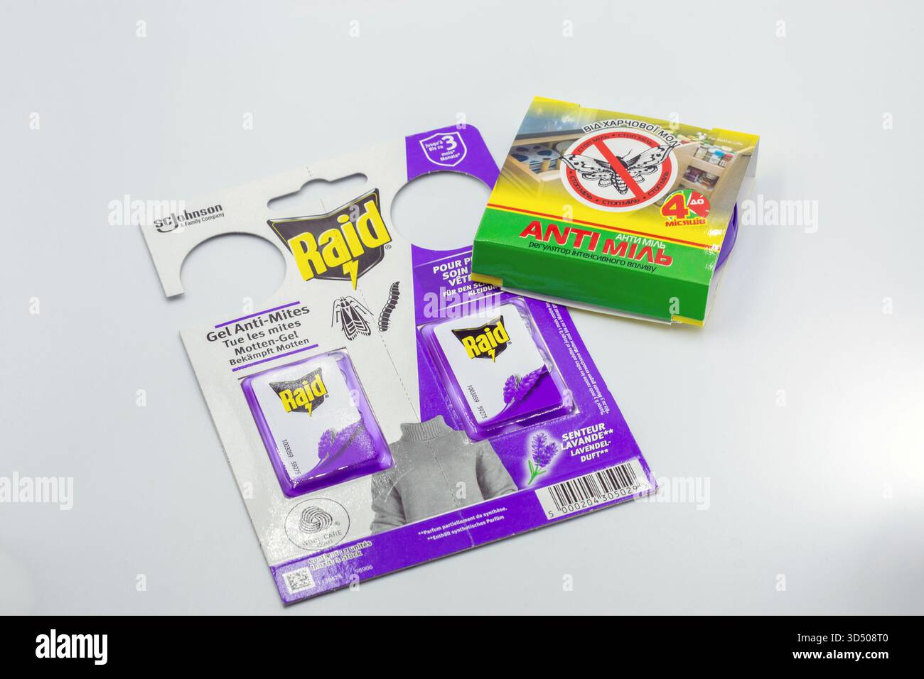 Kyiv, Ukraine - March 23, 2025: Product packagings of Raid gel anti ...