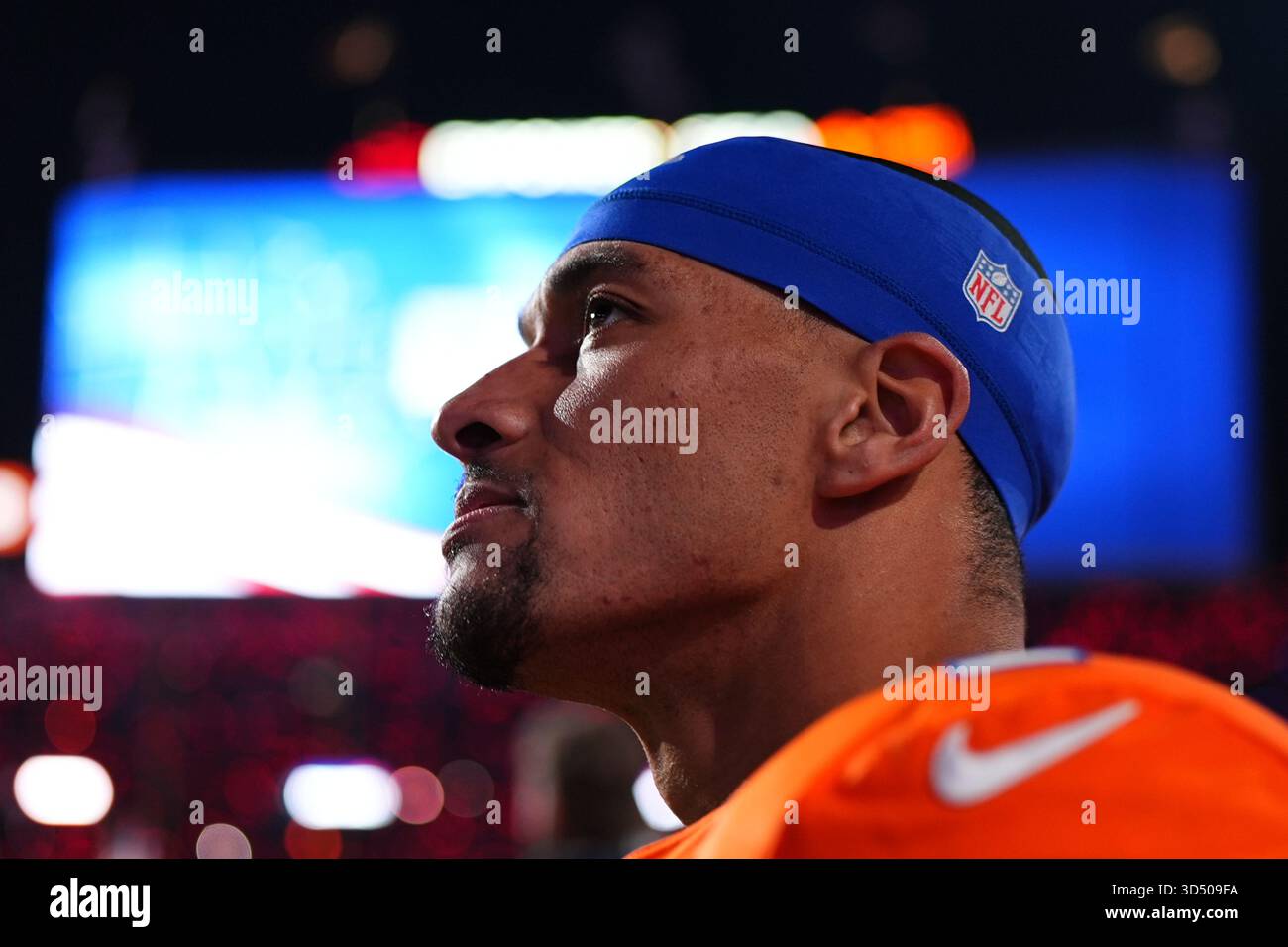 Denver Broncos tight end Evan Engram looks on before a game against the ...