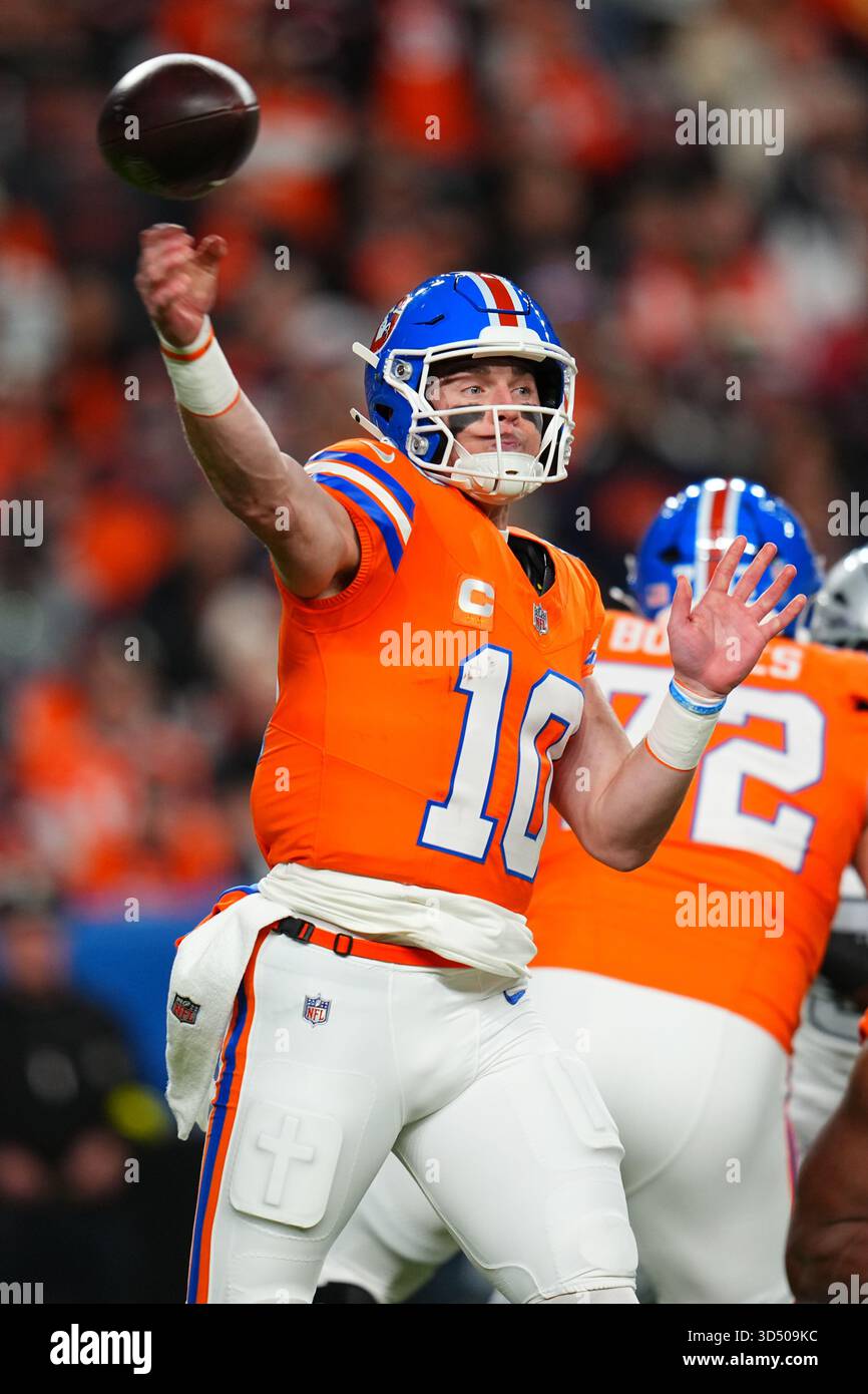 Denver Broncos quarterback Bo Nix passes against the Las Vegas Raiders ...