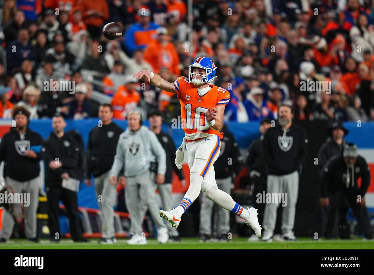 Denver Broncos quarterback Bo Nix passes against the Las Vegas Raiders ...