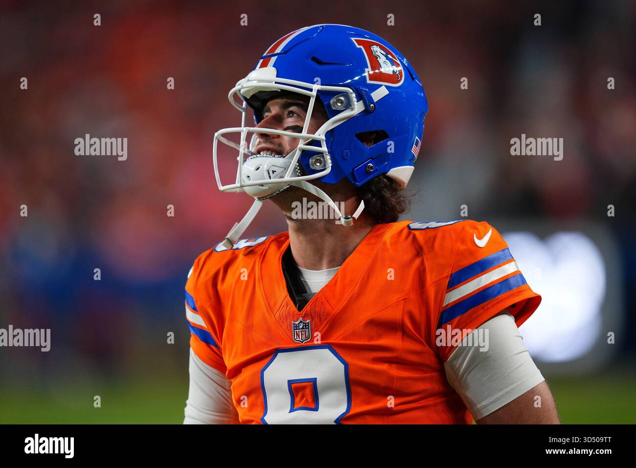 Denver Broncos quarterback Jarrett Stidham looks on against the Las ...