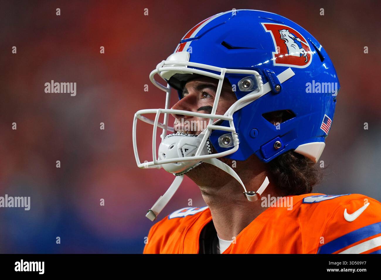 Denver Broncos quarterback Jarrett Stidham looks on against the Las ...