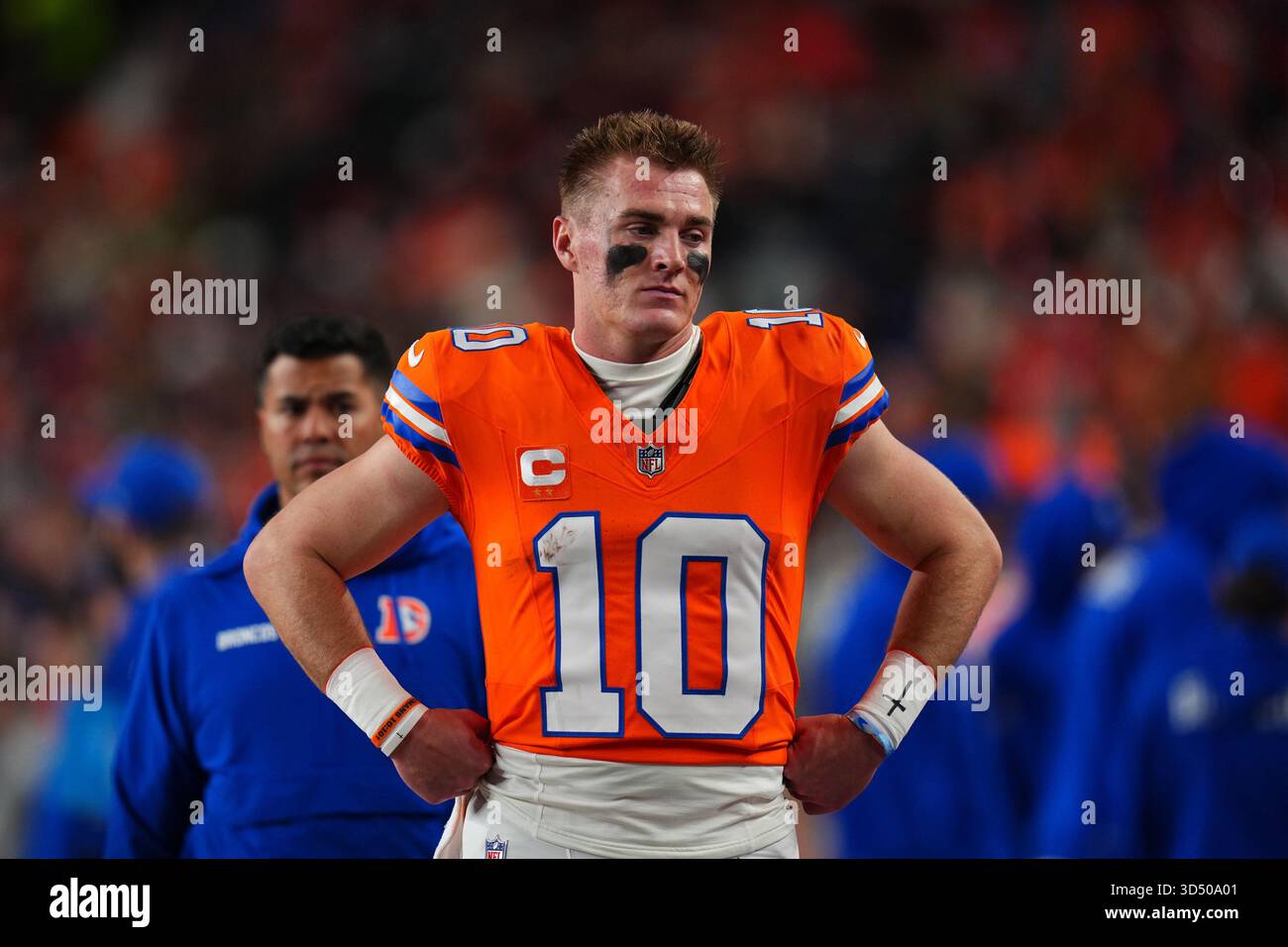 Denver Broncos quarterback Bo Nix (10) looks on against the Las Vegas ...