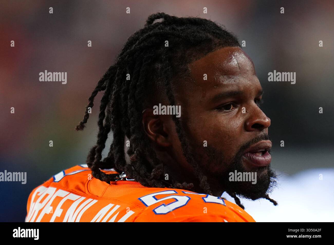 Denver Broncos linebacker Dre Greenlaw looks on against the Las Vegas ...