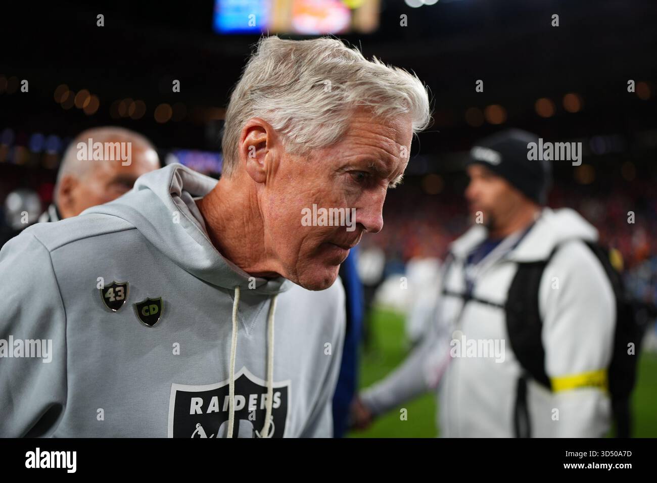 Las Vegas Raiders head coach Pete Carroll leaves the field after a loss ...