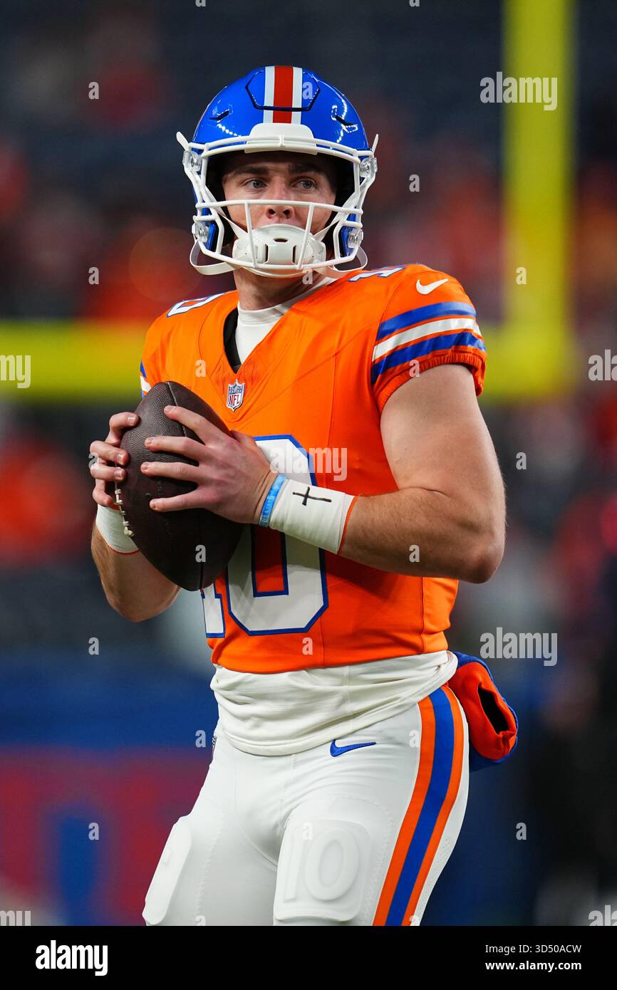 Denver Broncos quarterback Bo Nix warms up against the Las Vegas ...
