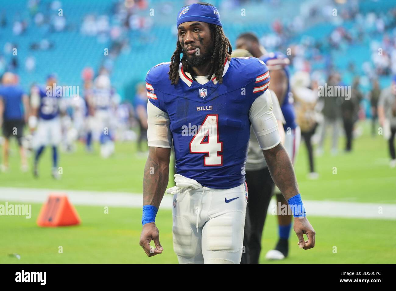Buffalo Bills running back James Cook III (4) walks off the field after ...