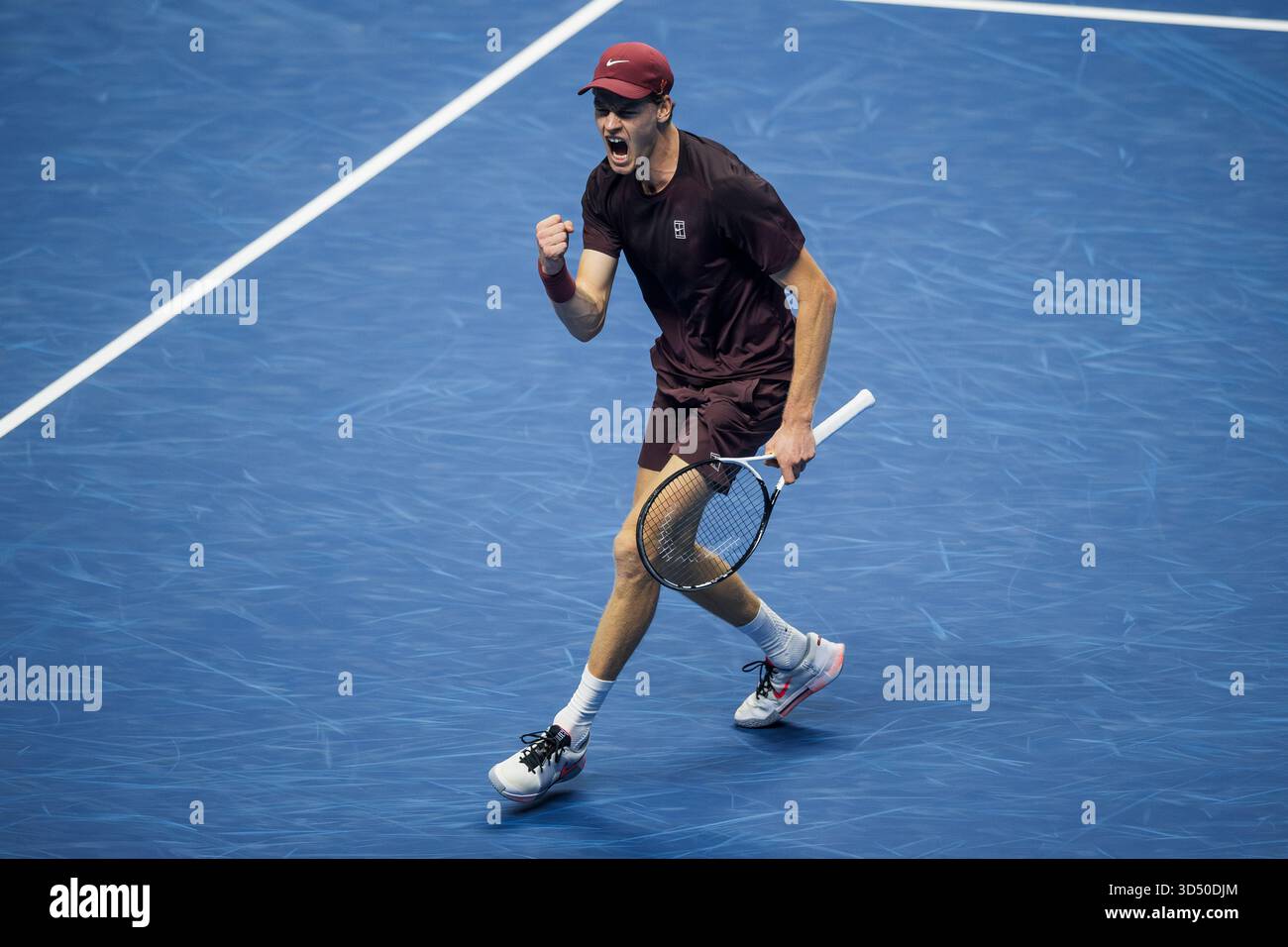 Jannik Sinner of Italy celebrates during his round robin singles match ...