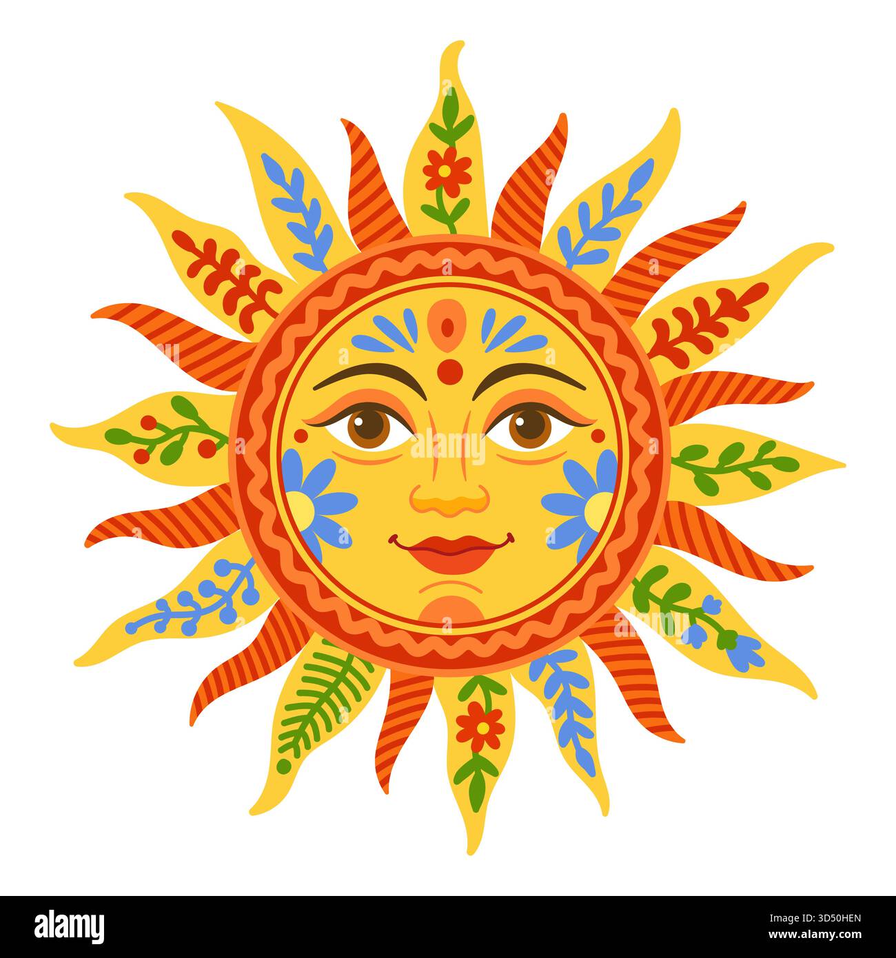 Decorative sun face illustration with floral rays in vibrant folk art ...