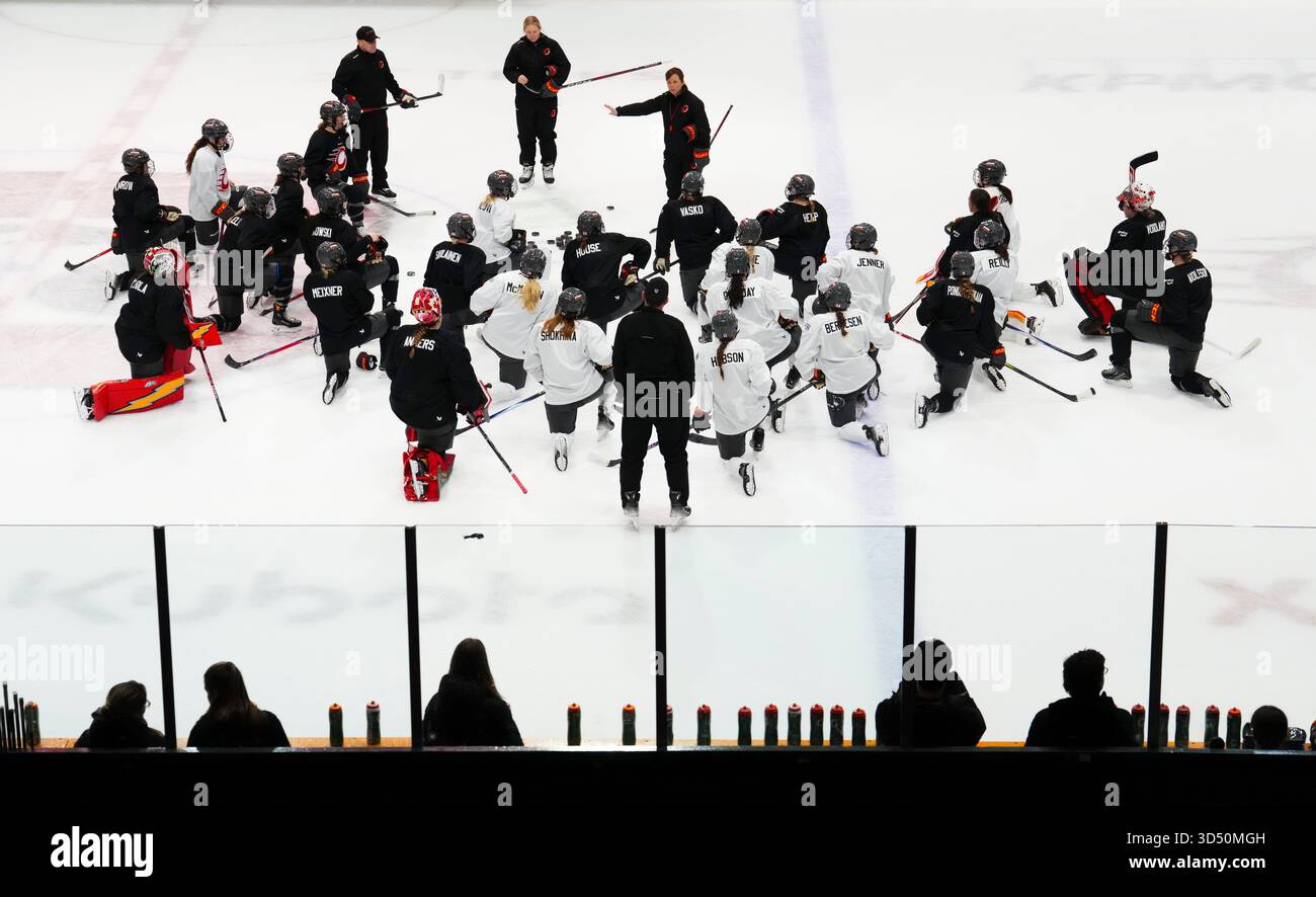 Ottawa Charge head coach Carla MacLeod speaks to her team during PWHL ...