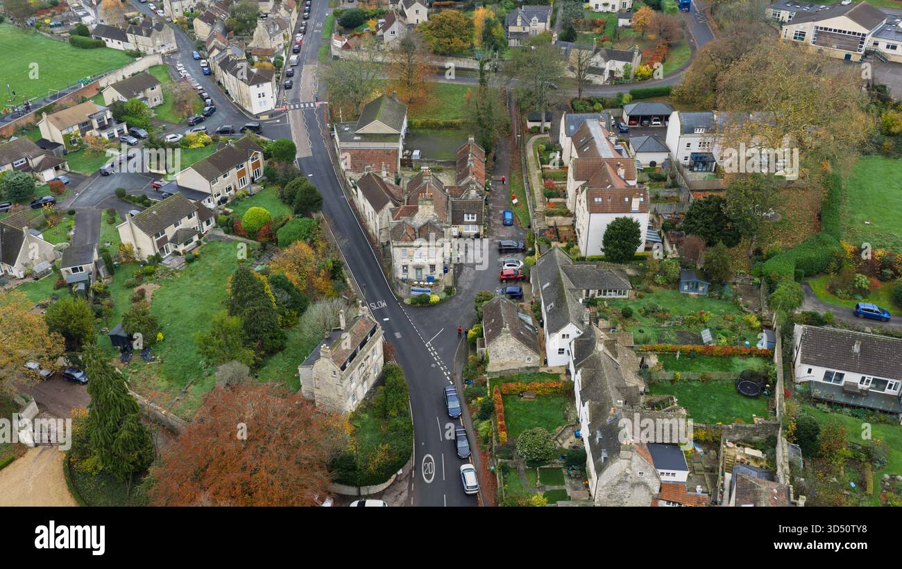 Bath, UK, November 09, 2025: Aerial drone view of the Bathford Village ...