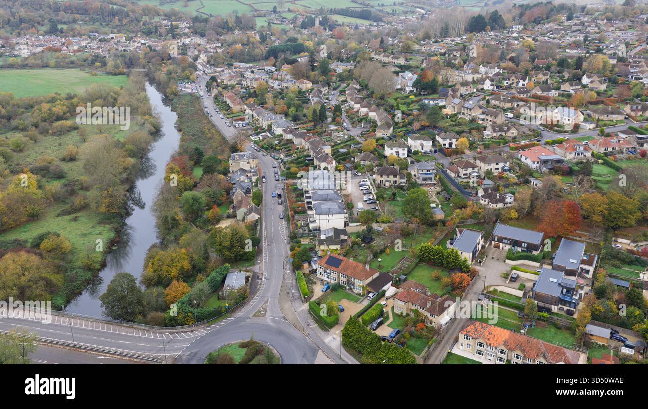 Bath, UK, November 09, 2025: Aerial drone view of the London Road East ...