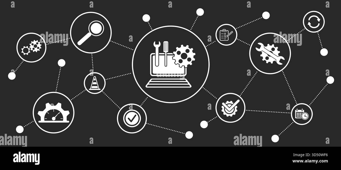 Concept of system maintenance with connected icons Stock Photo - Alamy