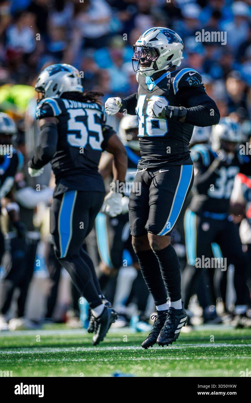 Carolina Panthers linebacker Thomas Incoom (48) celebrates a tackle ...