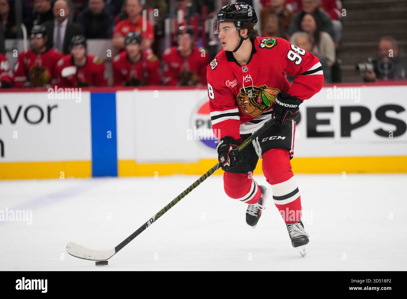 Chicago Blackhawks center Connor Bedard (98) handles the puck during ...