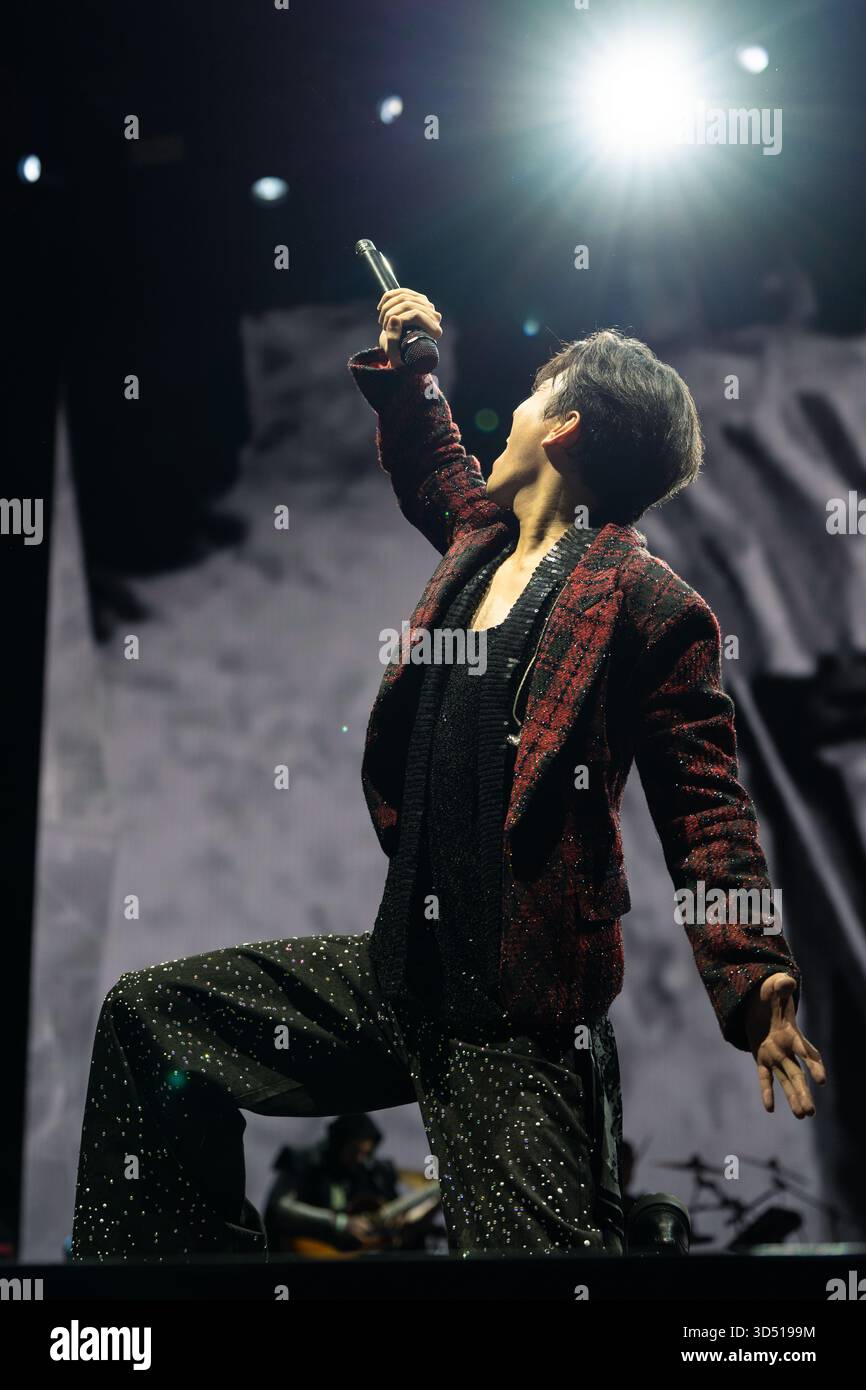Dimash Qudaibergen performs on stage during his 'Stranger Tour' at Ovo ...