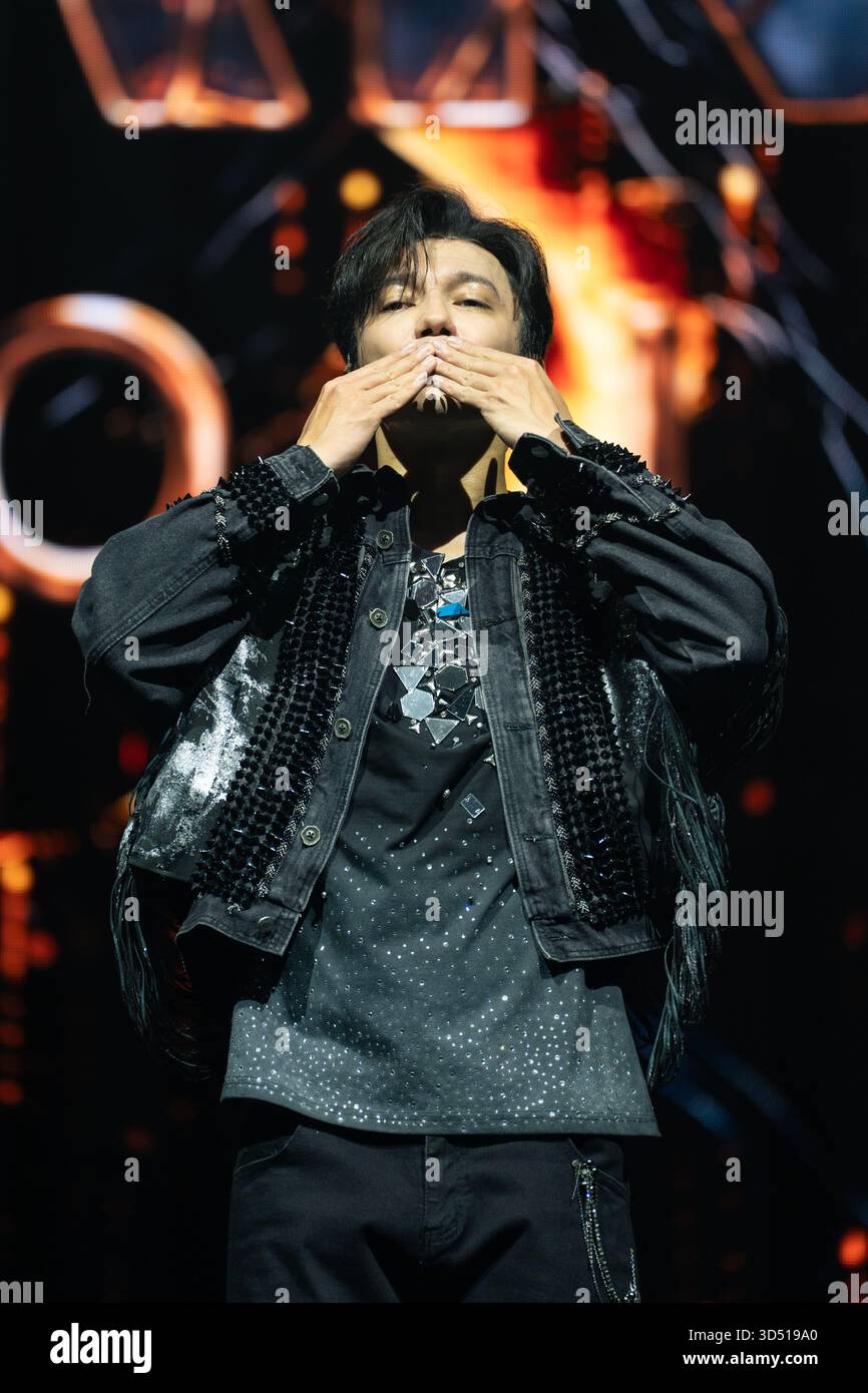 Dimash Qudaibergen performs on stage during his 'Stranger Tour' at Ovo ...