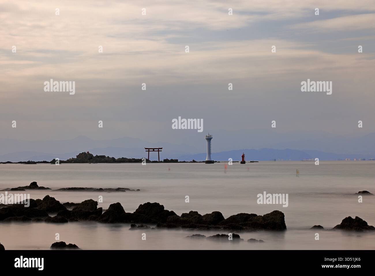 Seascape of Najima torii gate, Hayama lighthouse and Enoshima sea ...