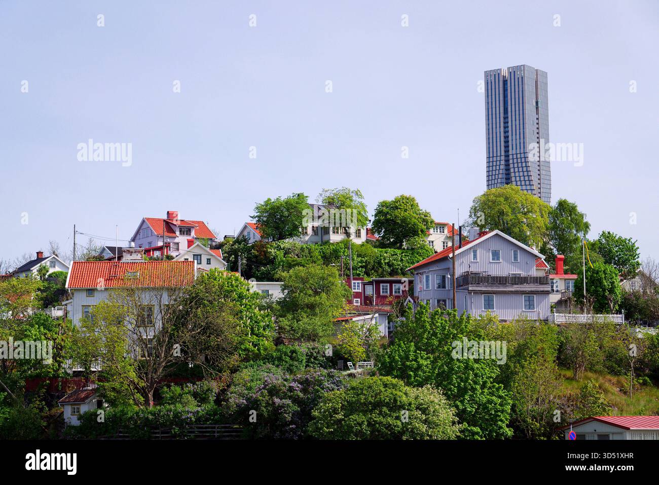 Colony of small wooden historic houses on the Slottsberget mountain ...