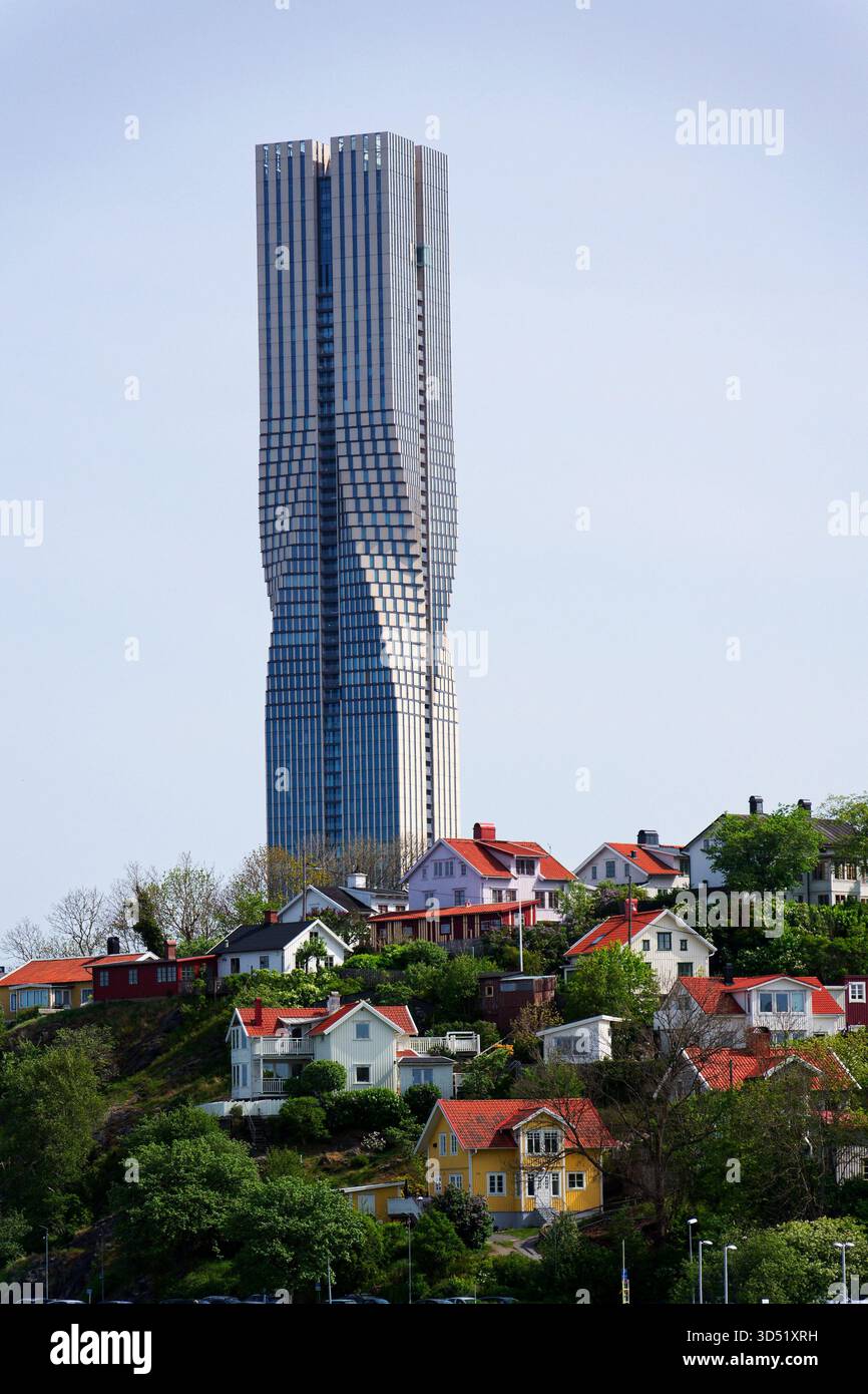 Colony of small wooden historic houses on the Slottsberget mountain ...
