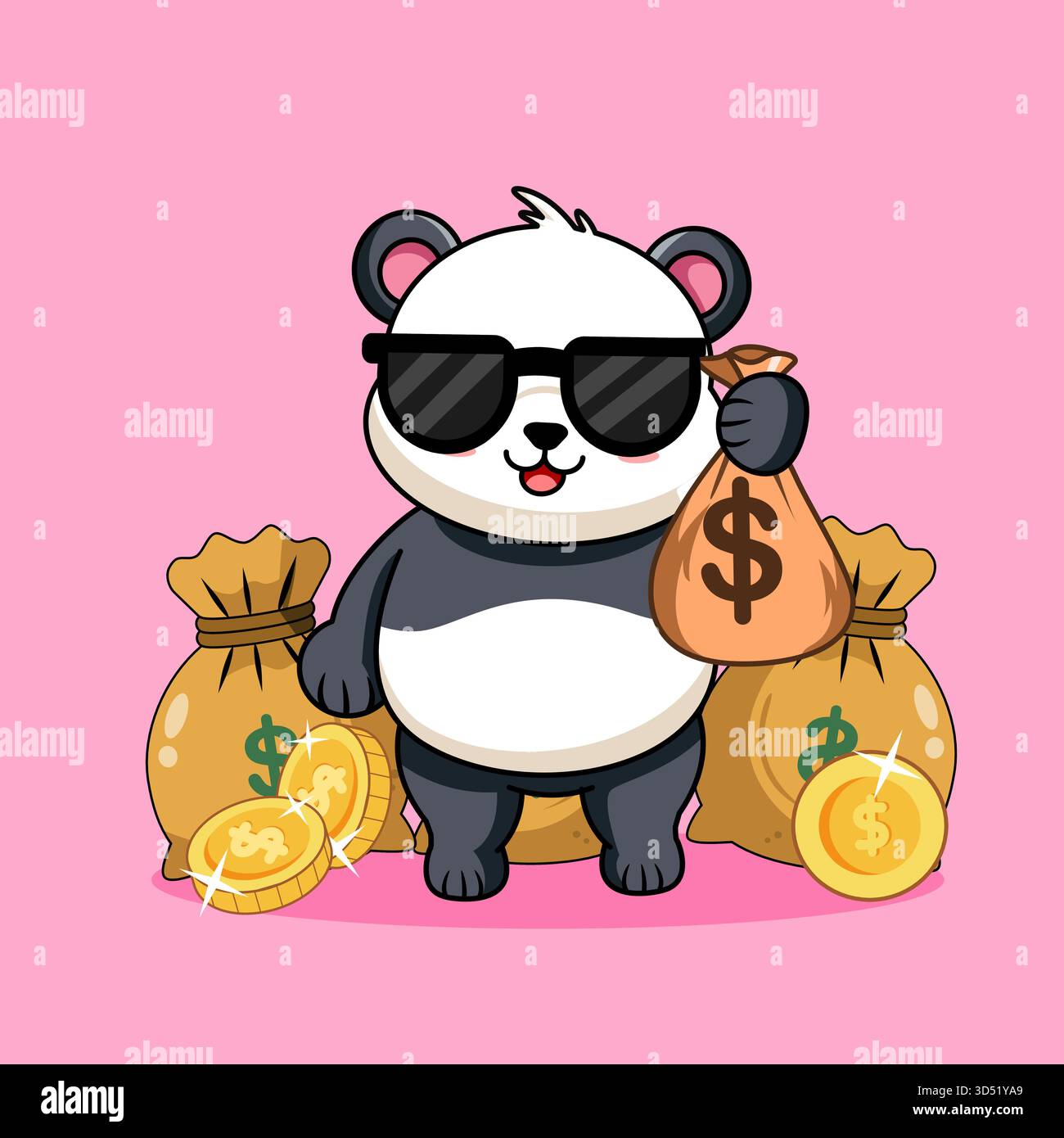 Cute Panda Character with Sunglasses and Cash Money Bag Vector ...