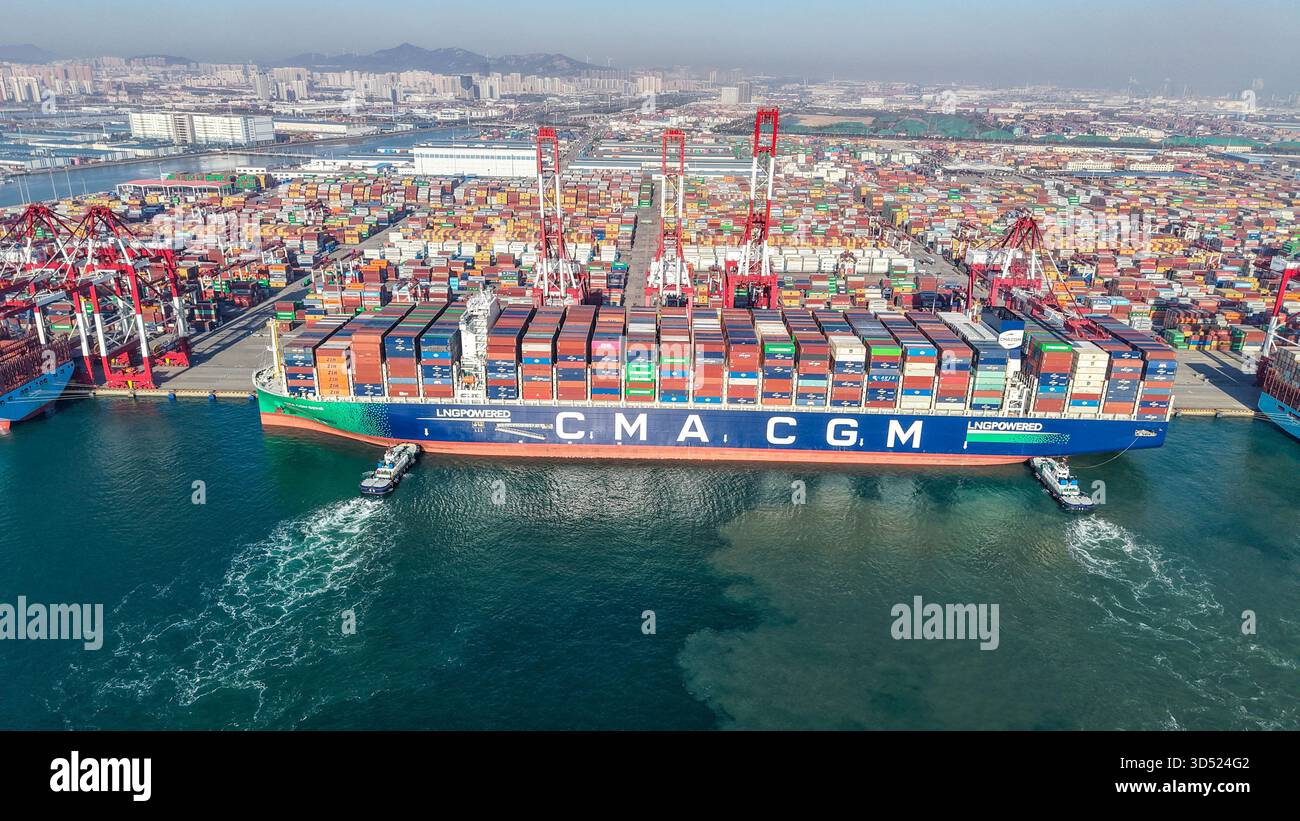 Aerial photo shows the Qianwan Container Terminal in Qingdao City, east ...