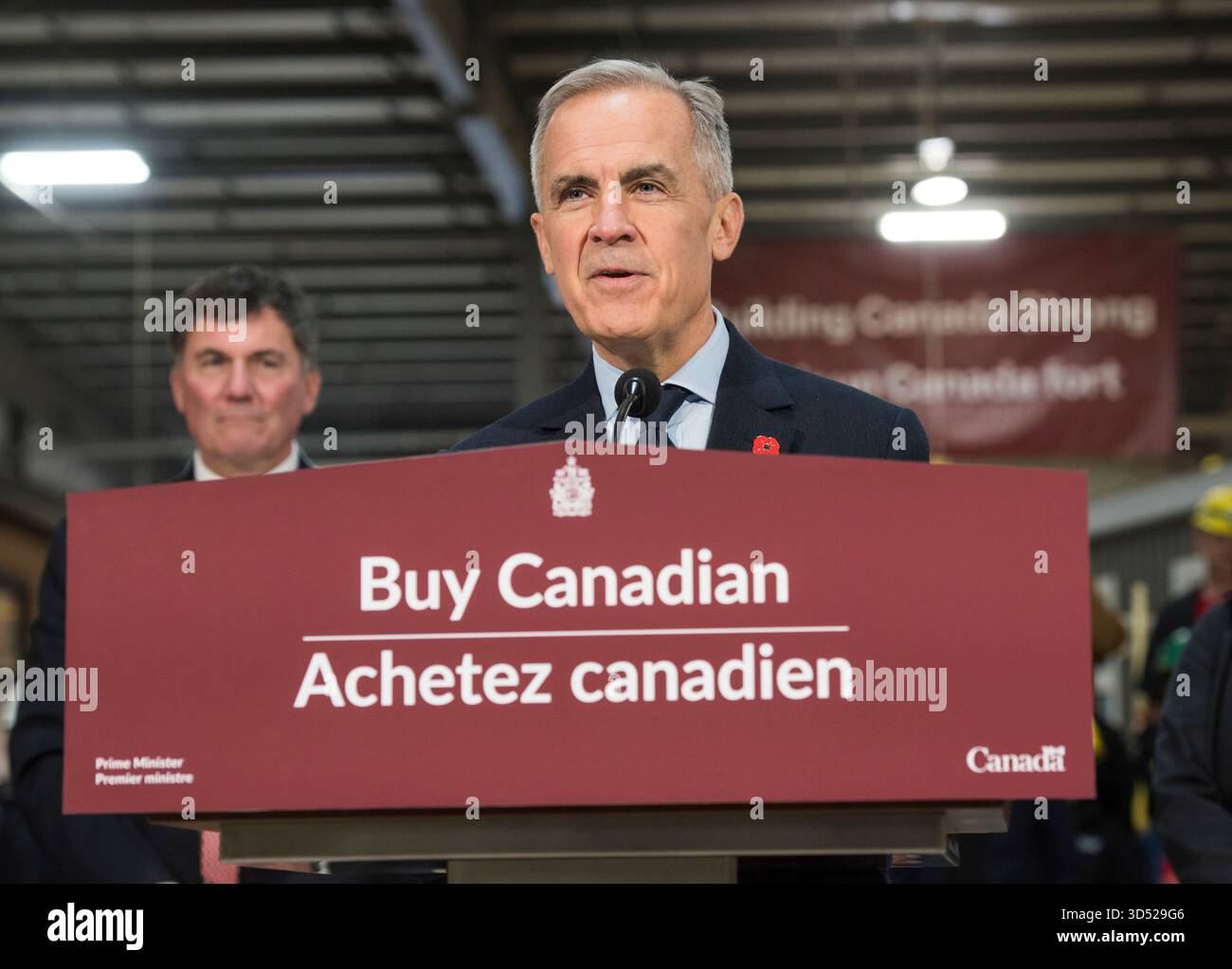 Prime Minister Mark Carney makes an announcement at the manufacturing ...