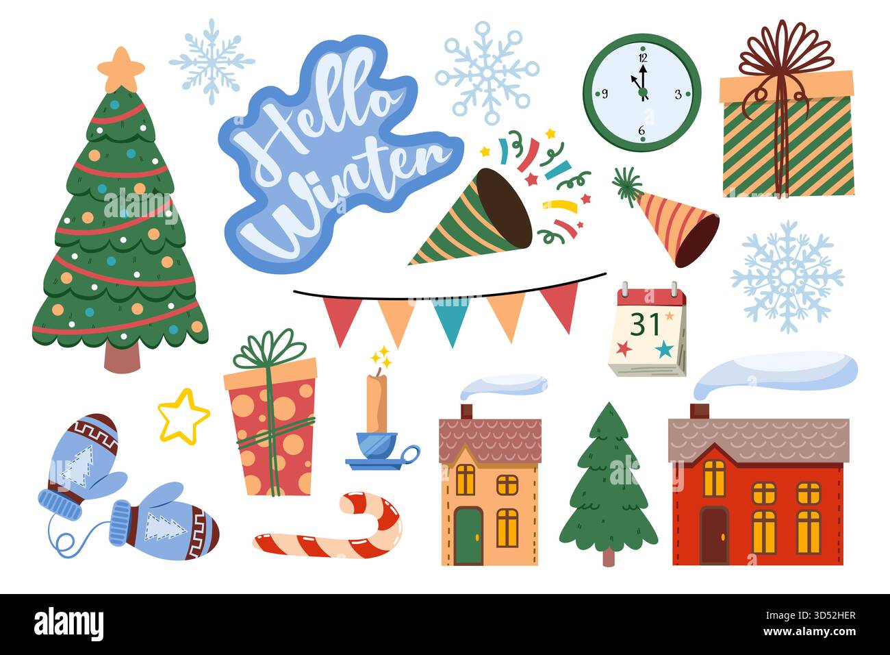 Set of Christmas clip art. Collection of New Year's icons featuring a ...