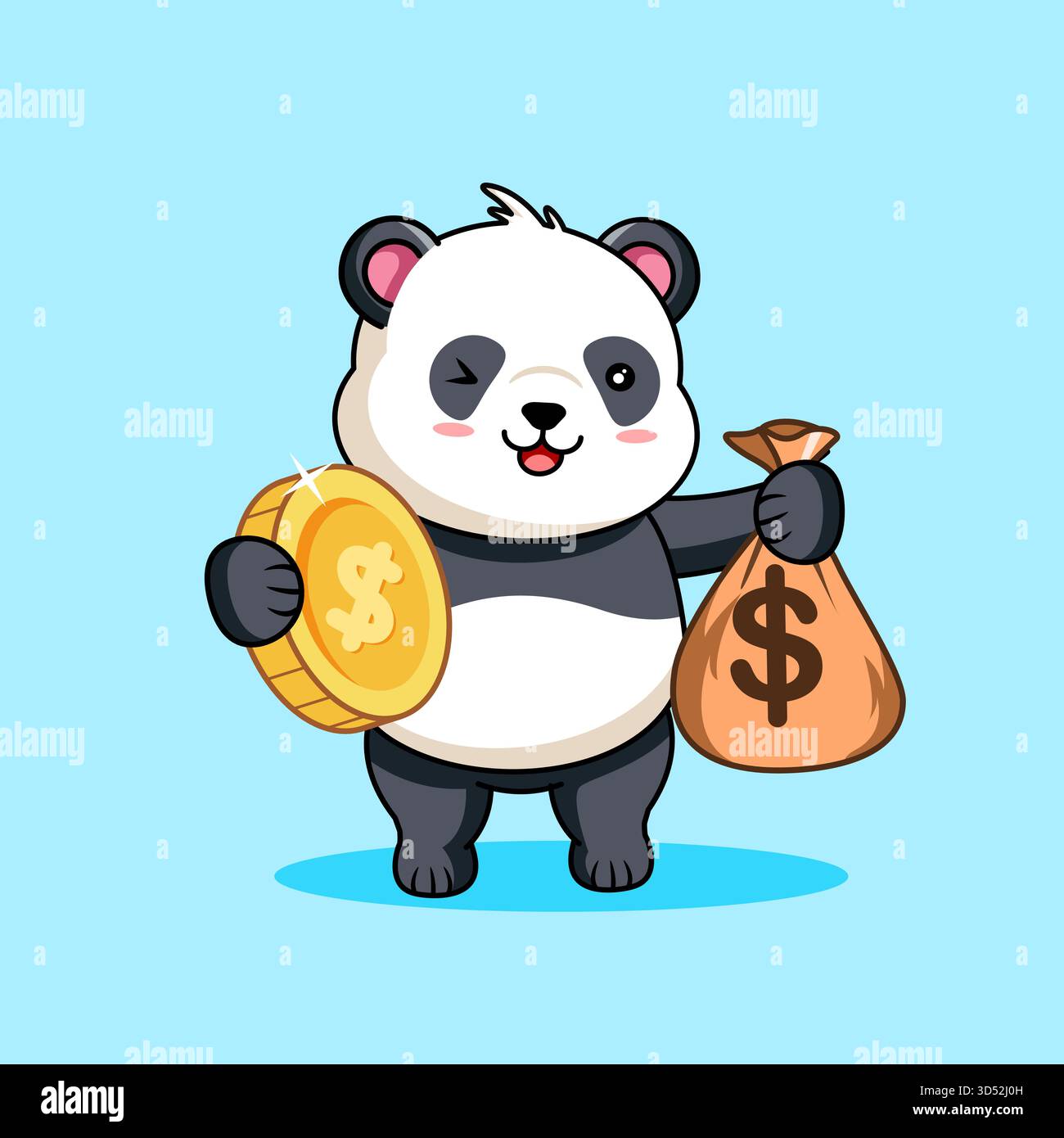 Cute Panda Holding Gold Coin and a Sack Money Vector Illustration ...