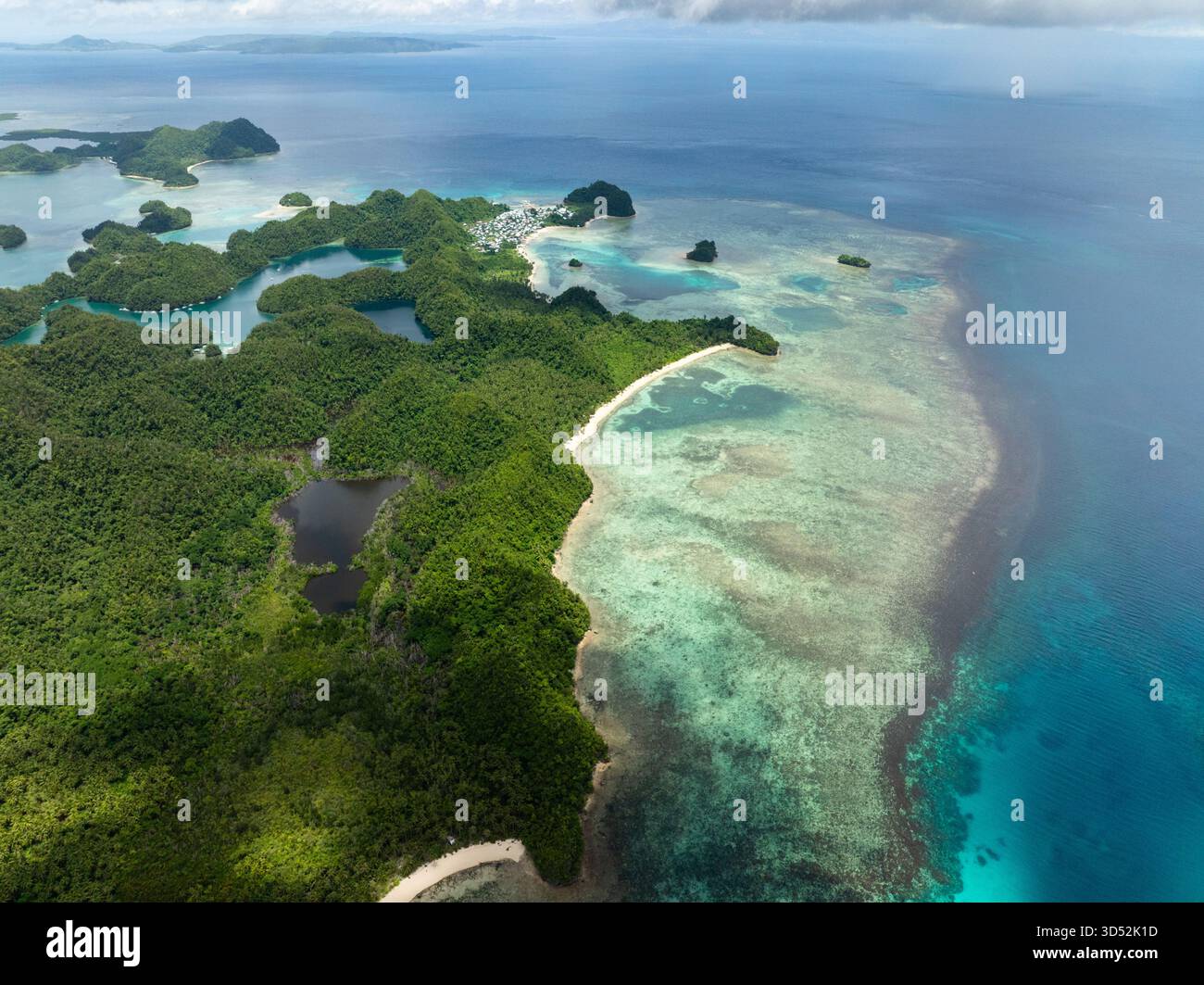 Coastal forest islands with shallow reef and village visible in ...