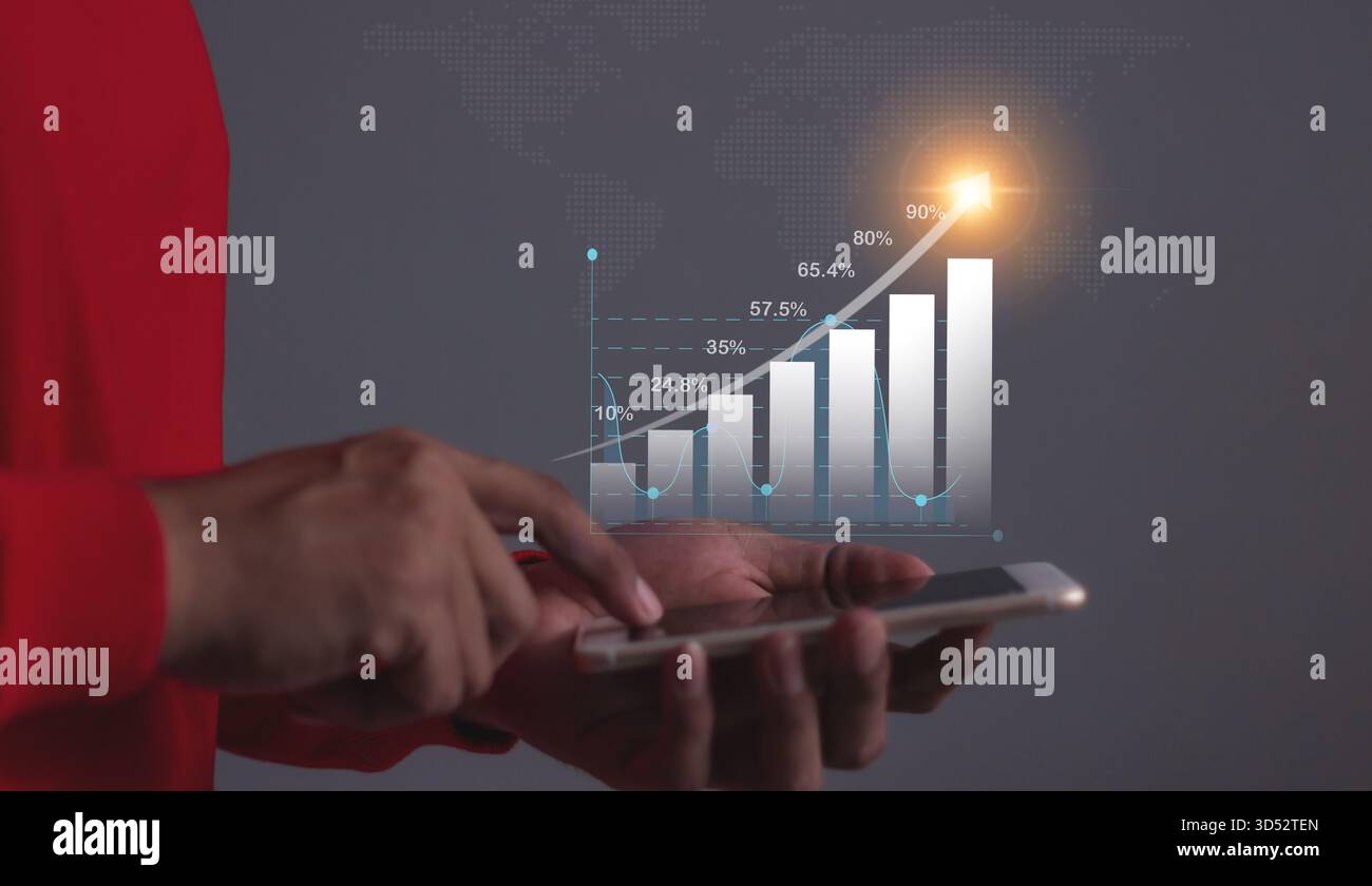 Young man with smartphone hand touching to visualize money growth The ...