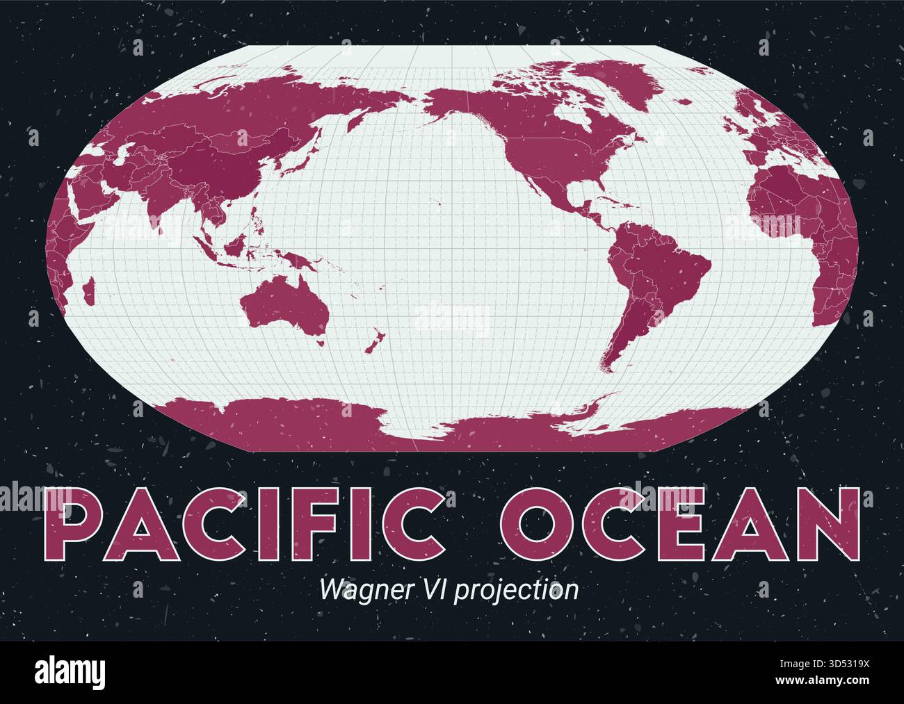 Pacific Ocean. World map. Wagner VI projection centered on the Pacific ...