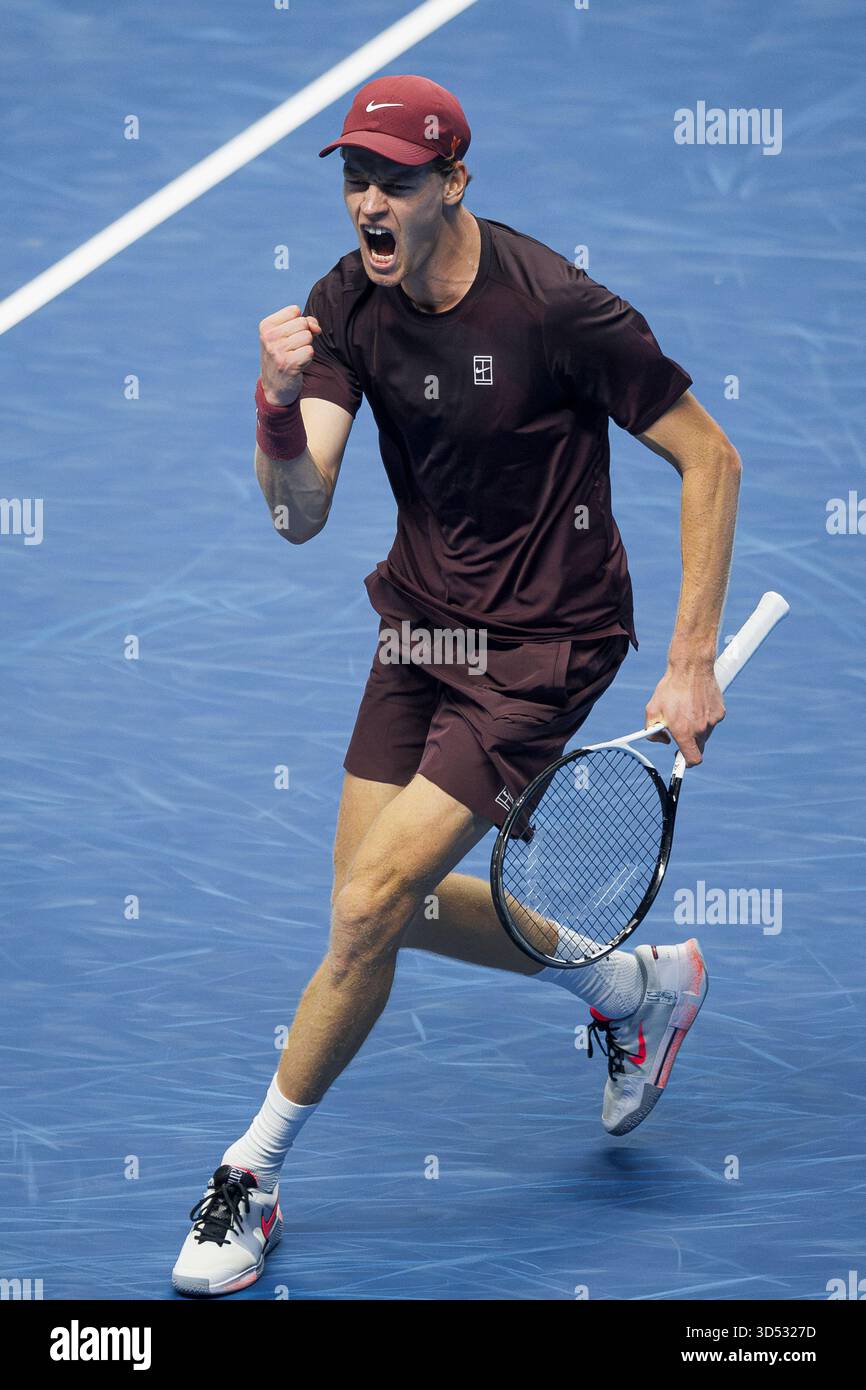Jannik Sinner of Italy celebrates during his round robin singles match ...