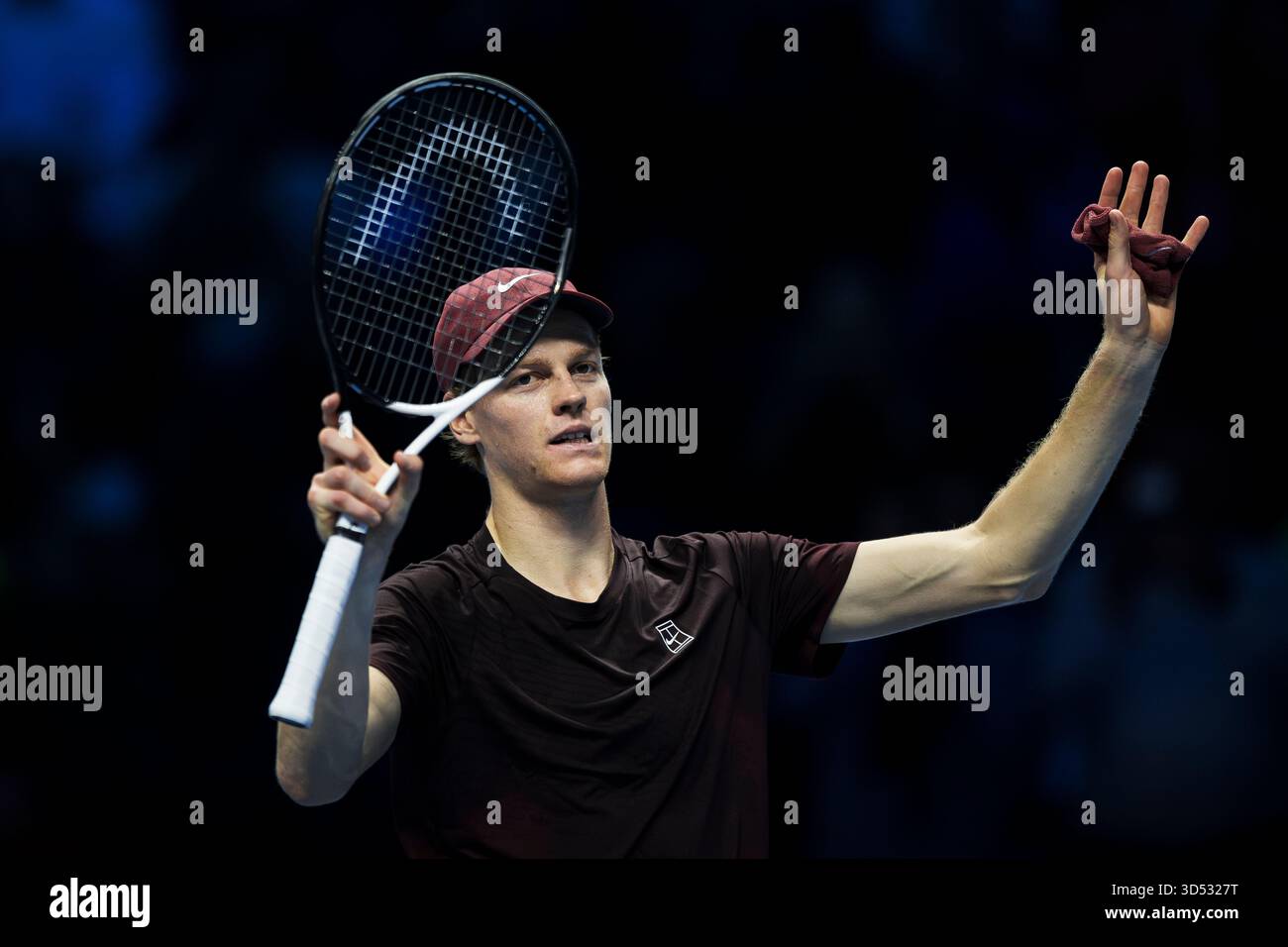 Jannik Sinner of Italy celebrates the victory at the end of his round ...