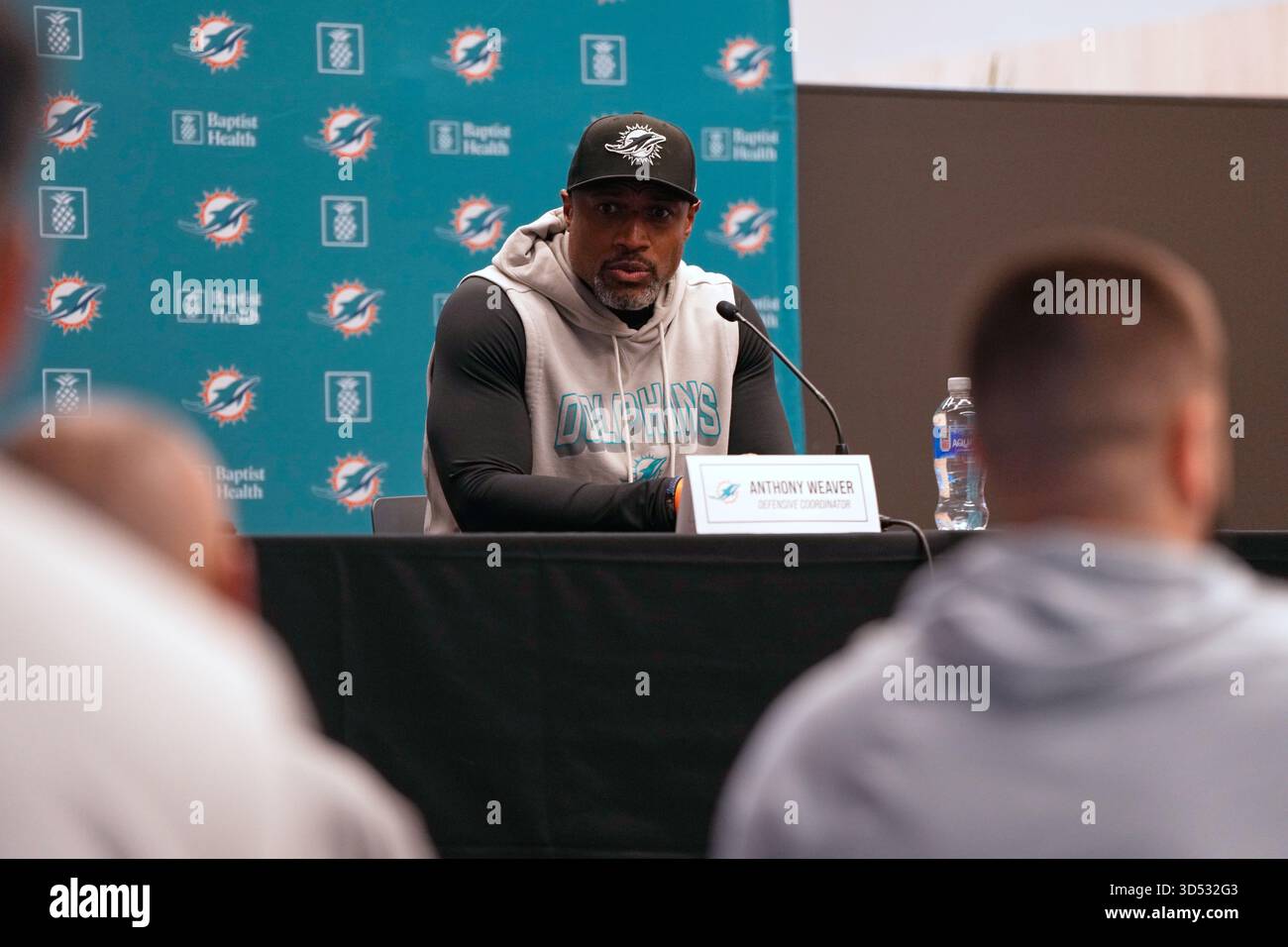 Miami Dolphins defensive coordinator Anthony Weaver speaks with media ...