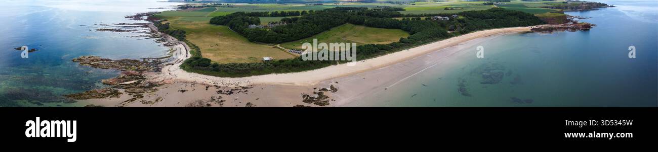 Aerial view of coast and beaches near Tantallon Castle in East Lothian ...