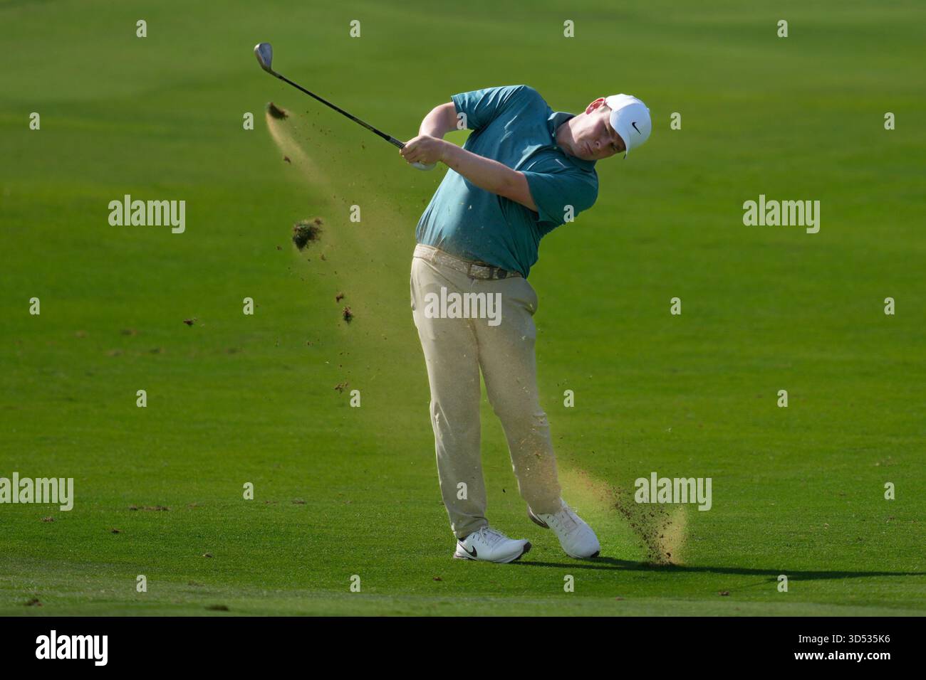 Robert Macintyre of Scotland plays his second shot on the 5th hole ...